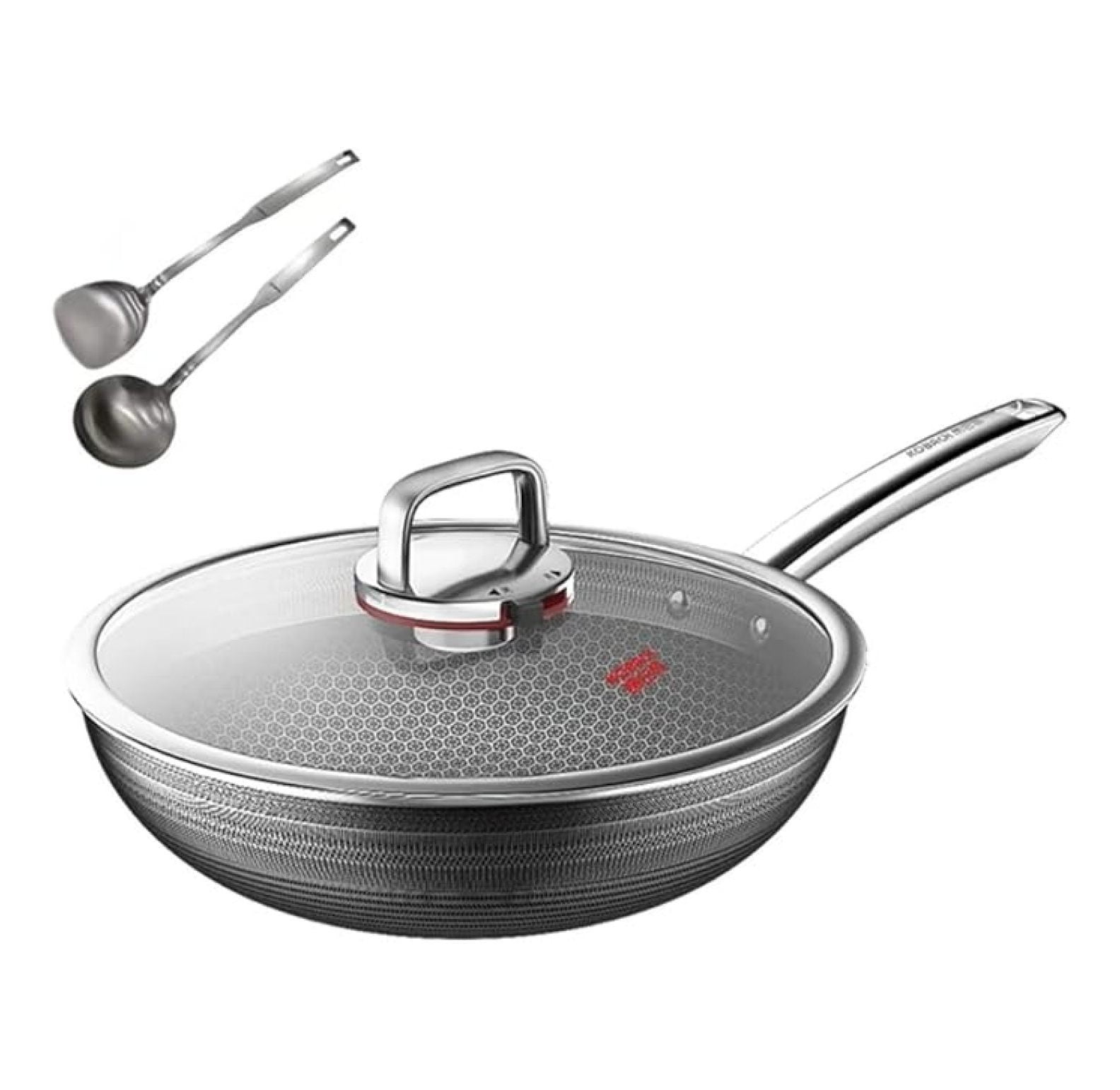Nonstick Frying Pan with Lid, 32CM Wok, Stainless Steel Honeycomb Pan ...