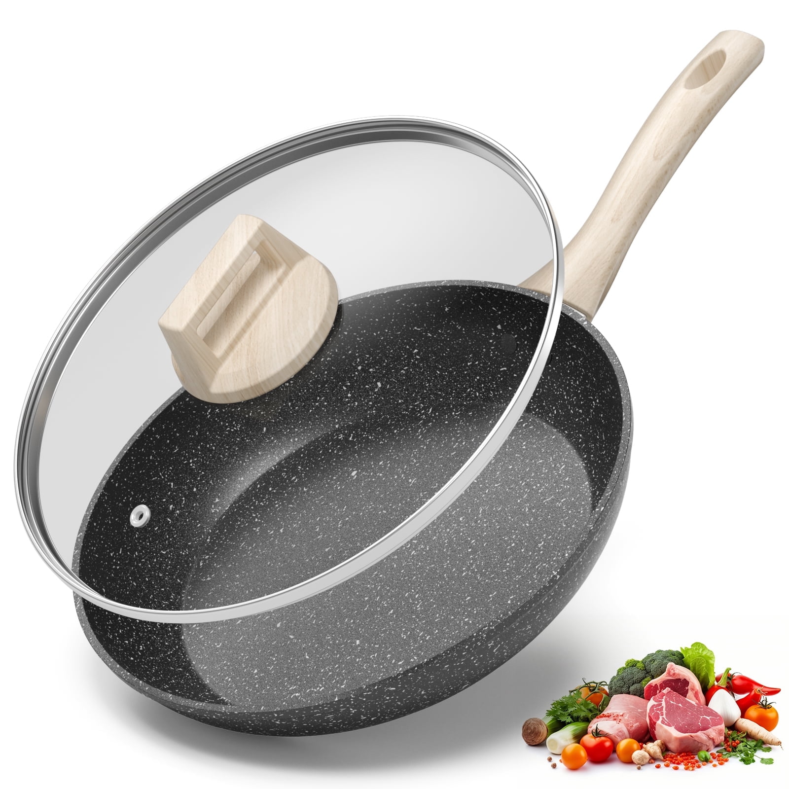Nonstick Frying Pans Skillet with Lid, 10" Granite Fry Pans, Aluminum ...