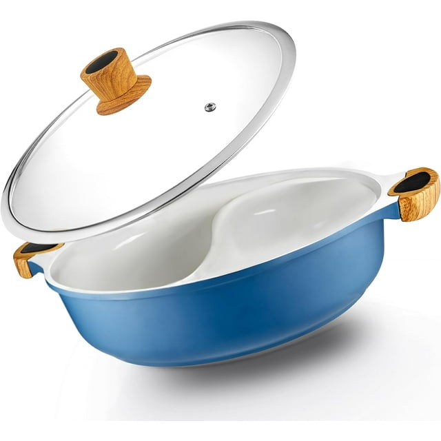 Nonstick Hot Pot with Divider, Blue Shabu Shabu Pot with Silicone ...