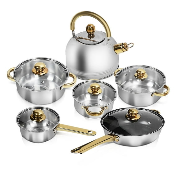 Nonstick Pots And Pans Set, 12 Piece Stainless Steel Non-stick Kitchen Cookware Set Golden ...