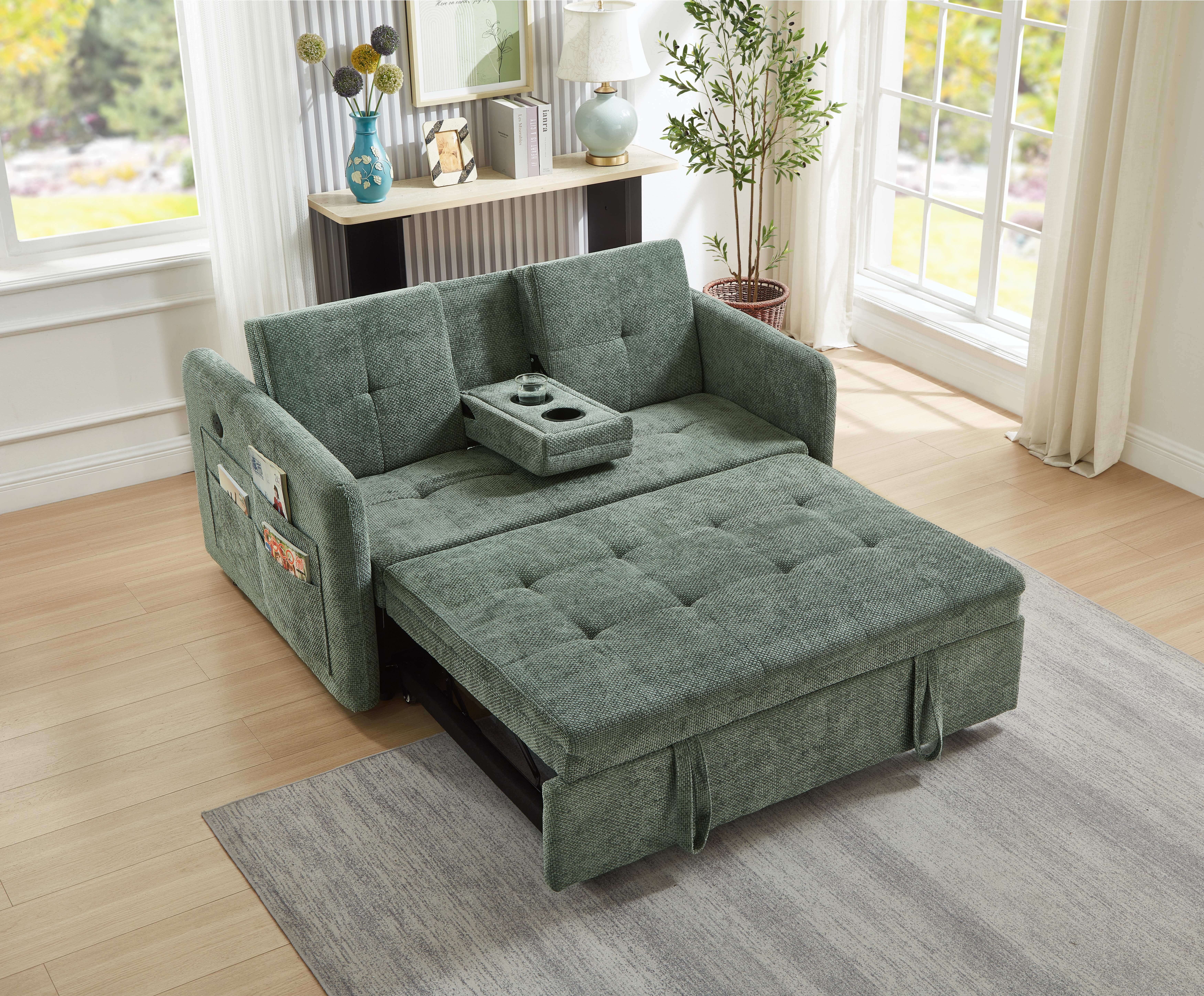 Noodeniya 57" 3 In 1 Convertible Sleeper Couch Bed with two cup holders ...