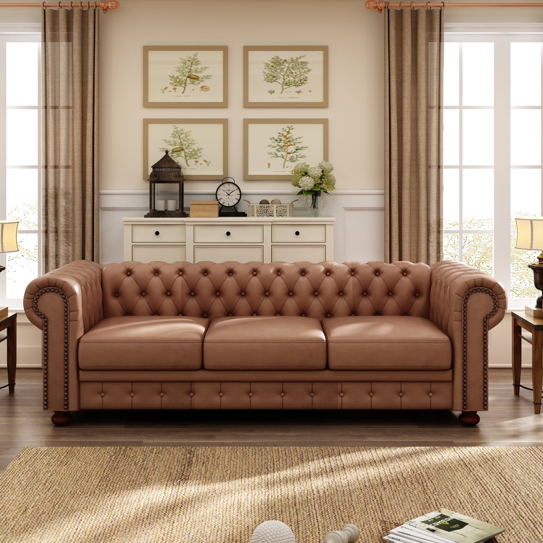Noodeniya Chesterfield Sofa, Button Tufted, Faux Leather, Brown, Rolled ...