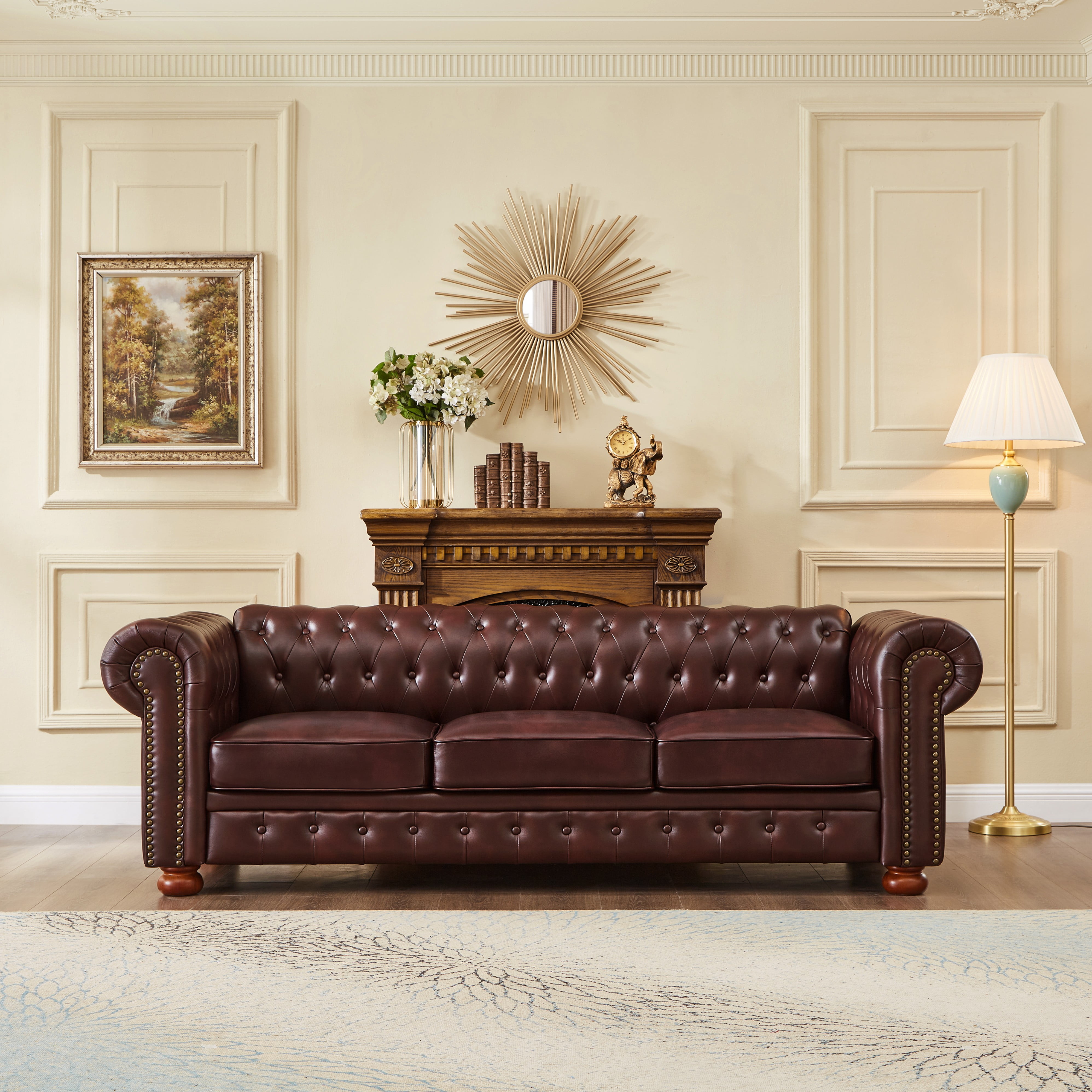 Noodeniya Faux leather Chesterfield Sofa with Rolled Arms, Upholstered ...