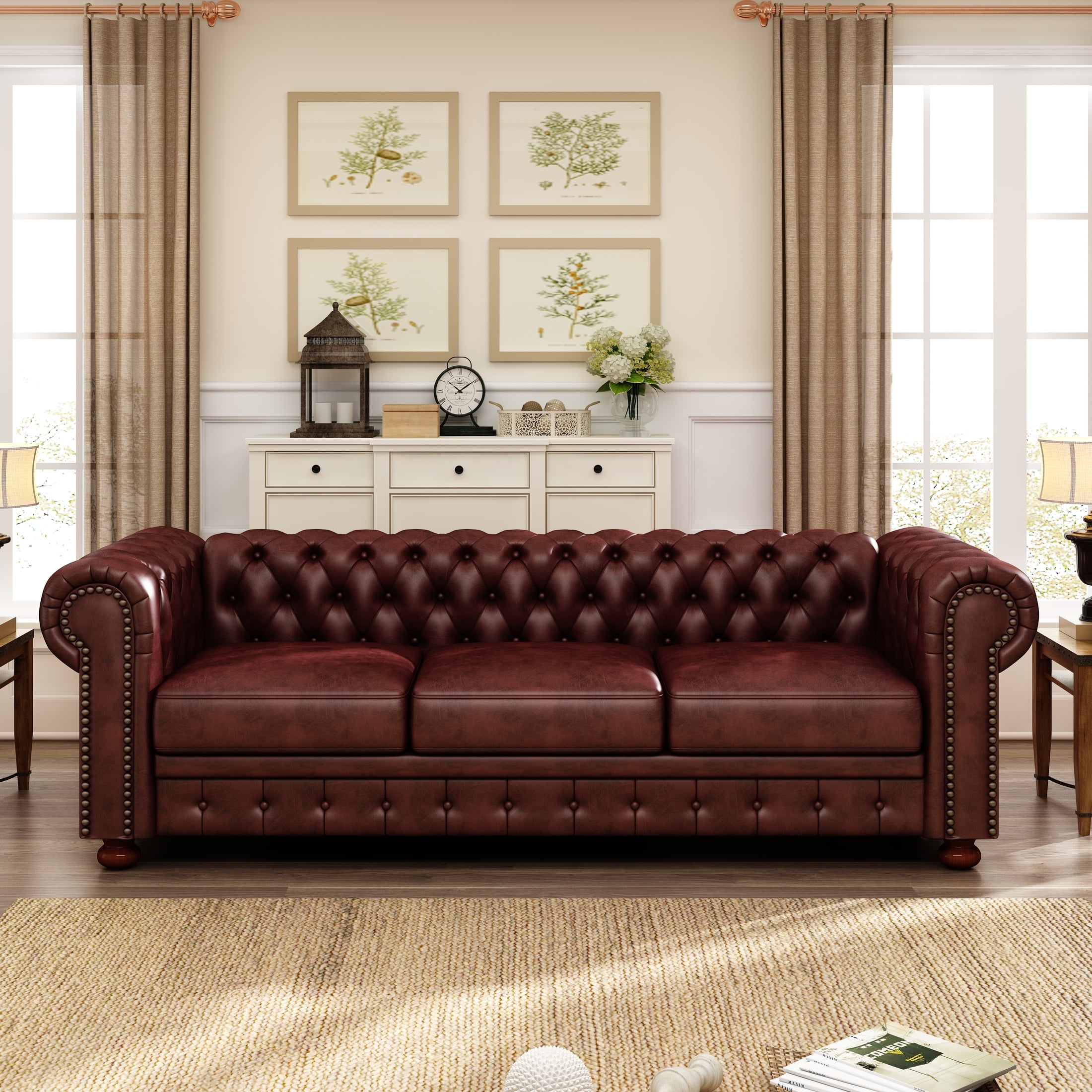 Noodeniya Faux leather Chesterfield Sofa with Rolled Arms, Upholstered ...