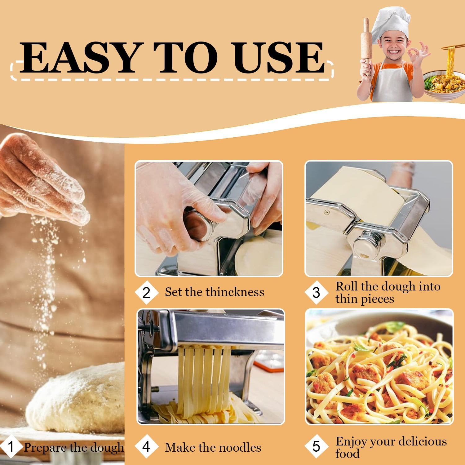 Noodles Maker, Manual Press, 9 Adjustable Thickness Settings, Perfect ...