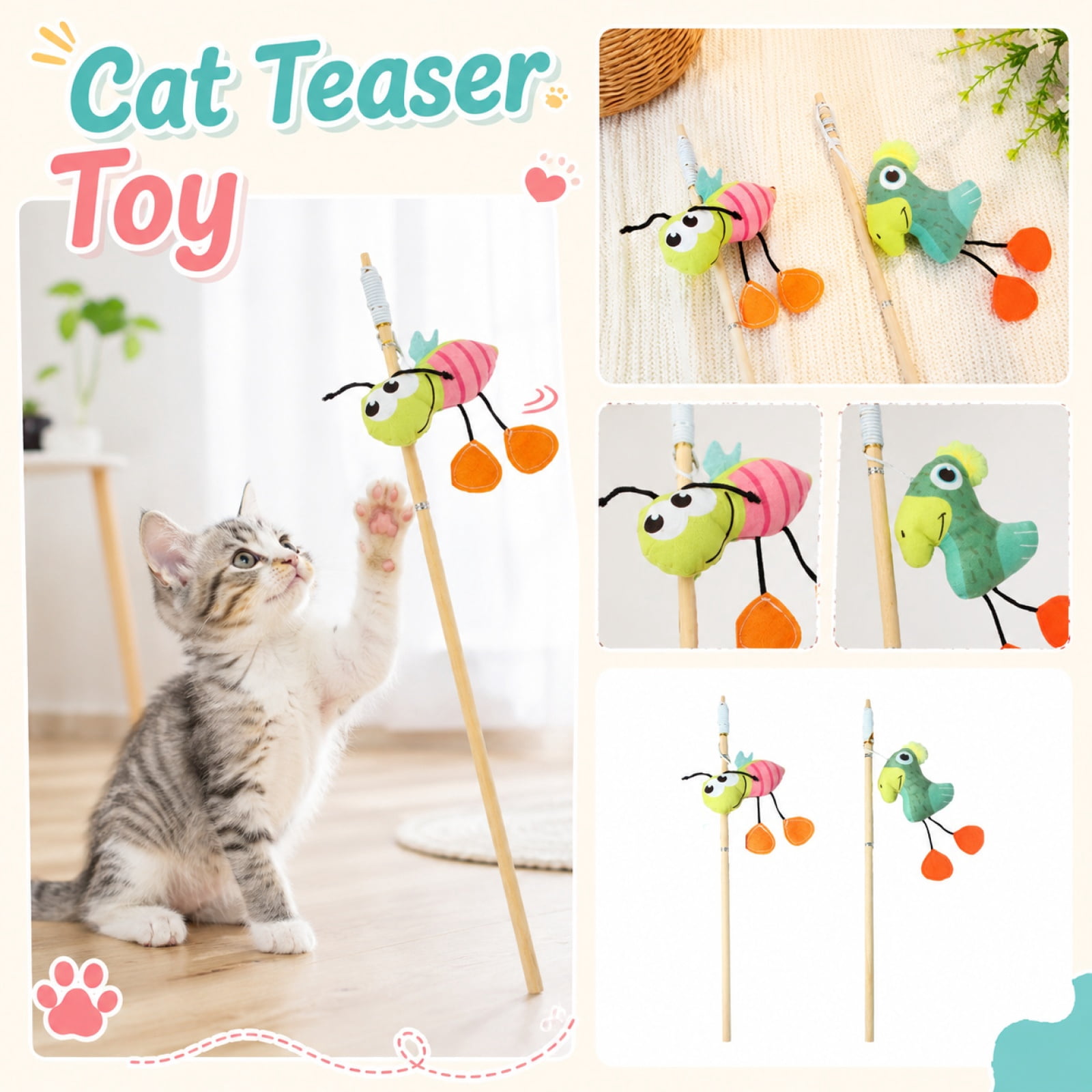 NookHive Cartoon Animal Cat Wand - Cat Tickling Stick Toy with Catnip ...