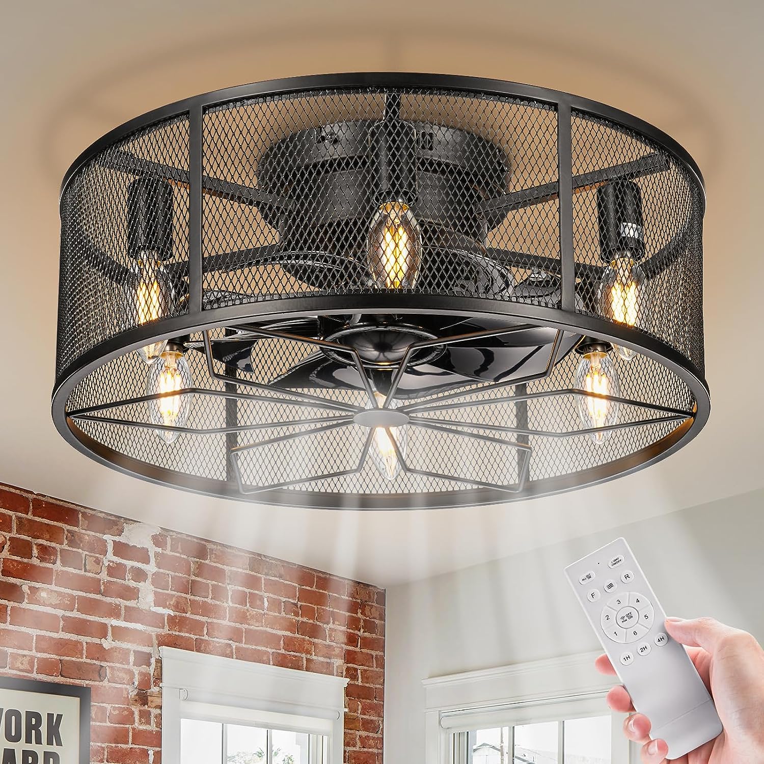 20'' Caged Ceiling Fan with Lights Remote Control, Vintage Enclosed ...