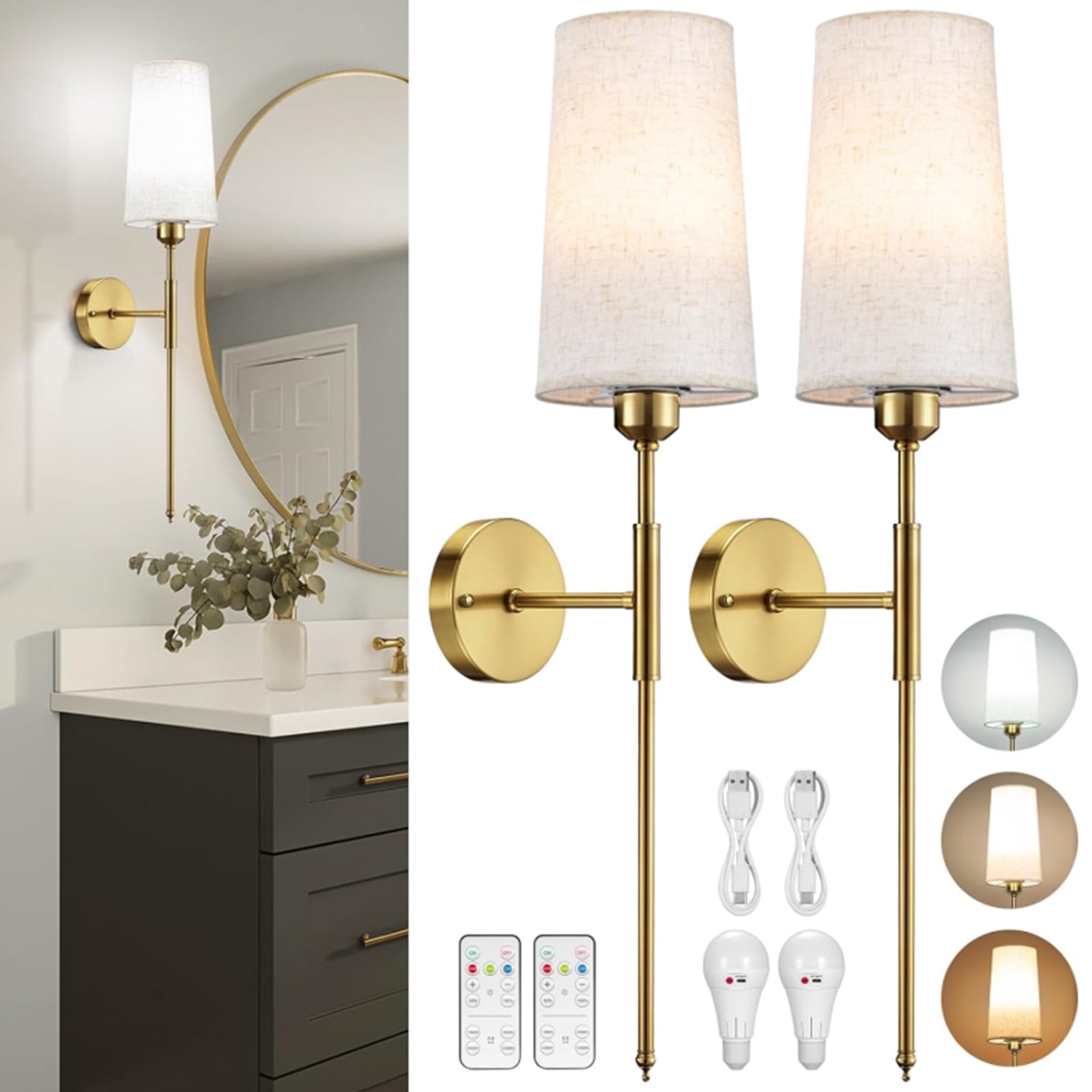 NookNova Dimmable 2-Light LED Brass Battery Powered Wall Sconces (2 ...
