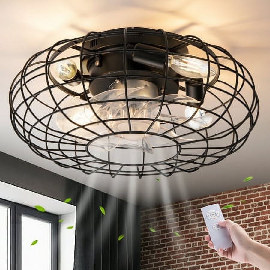 Nooknova 16" Black Caged Ceiling Fan Light with Remote Control, Flush ...