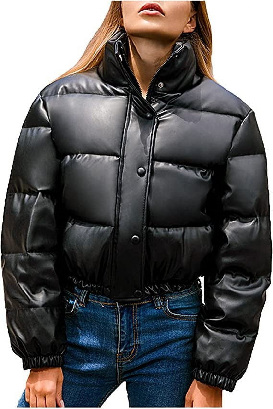 Noora Women's Black Leather Crop Bubble Coat Puffer Quilted Jacket With ...