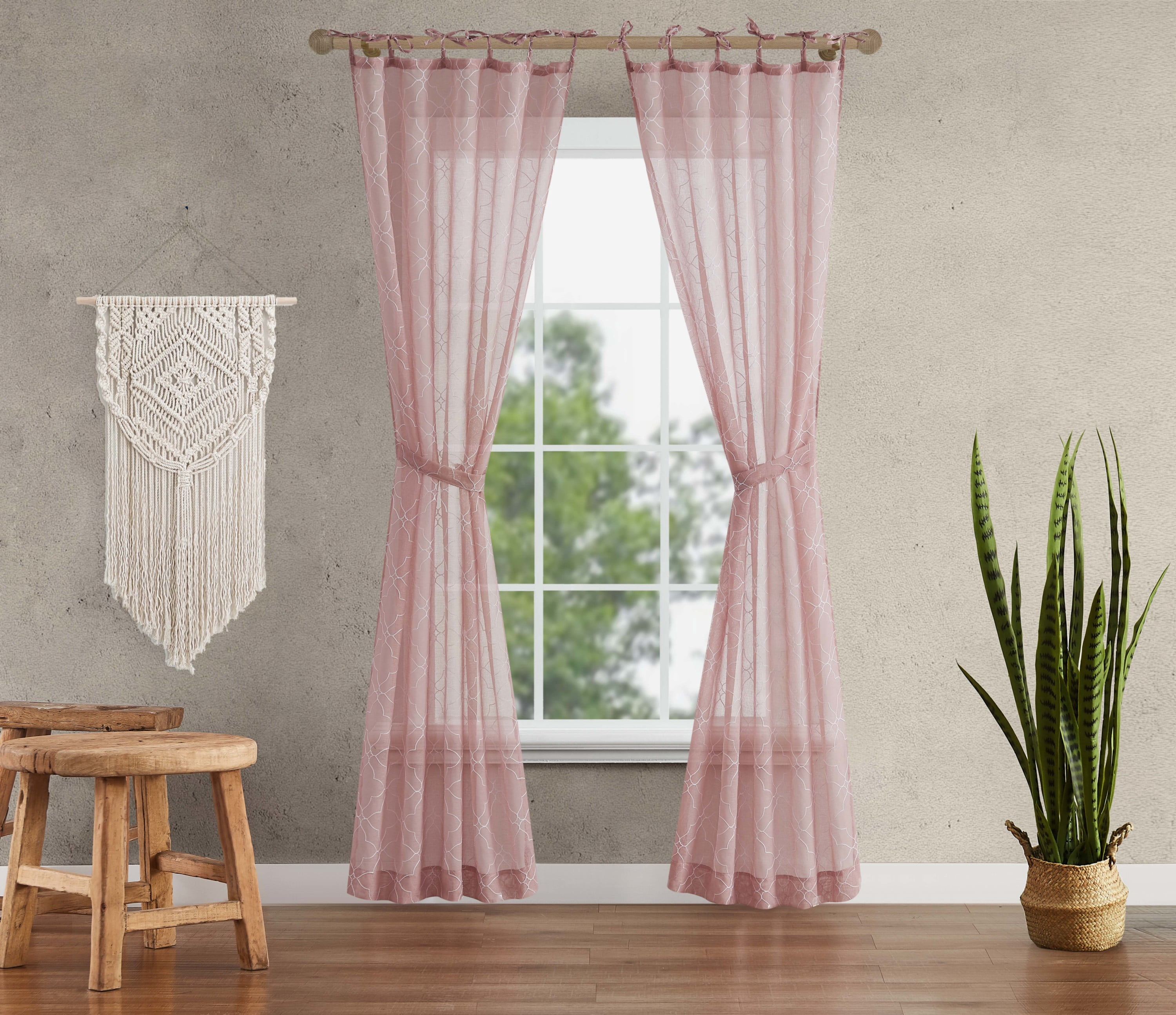 Nora Embroidery Sheer Tie Top Window Curtains with Tiebacks, Blush Pink ...