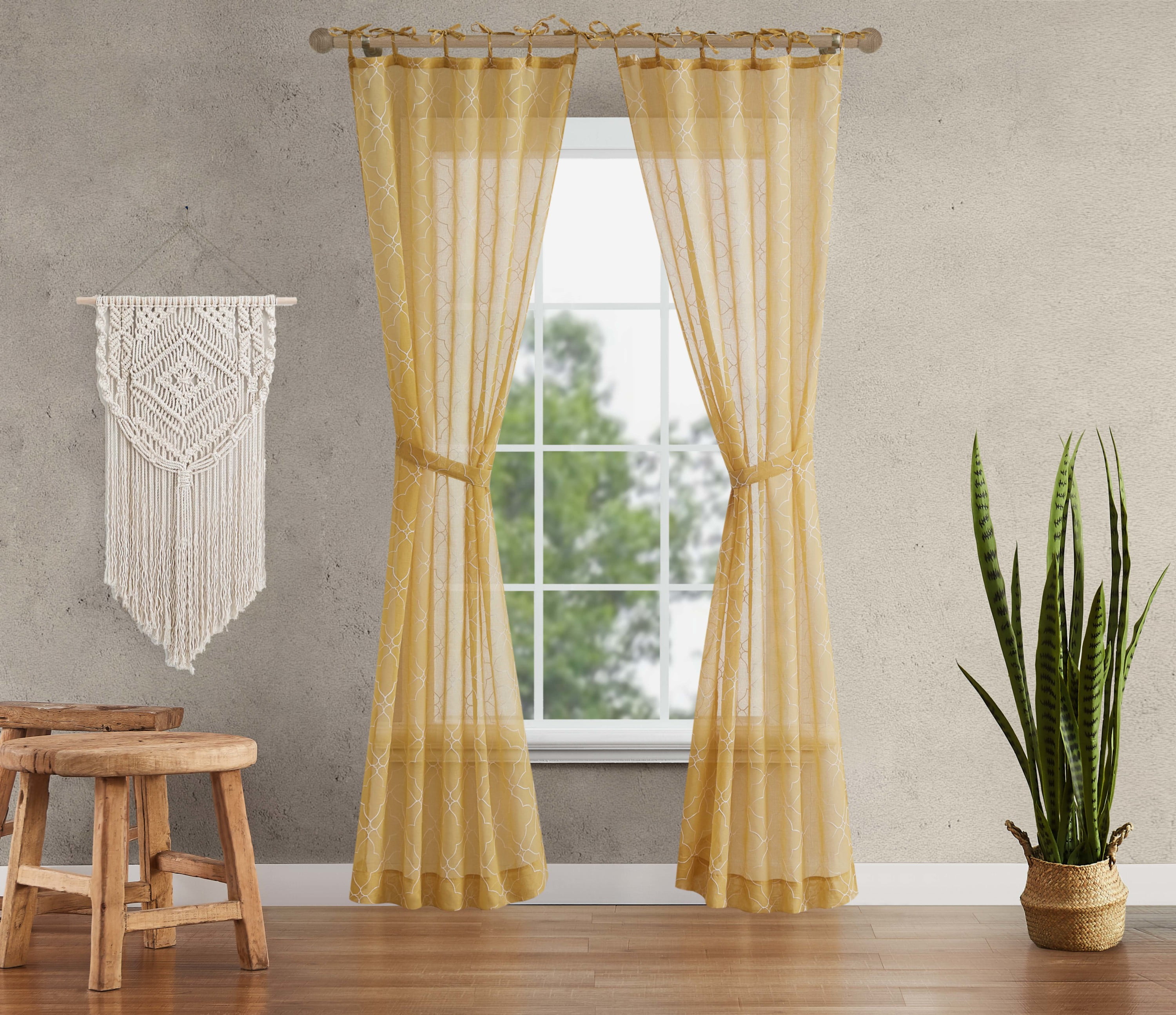 Nora Embroidery Sheer Tie Top Window Curtains with Tiebacks, Gold ...