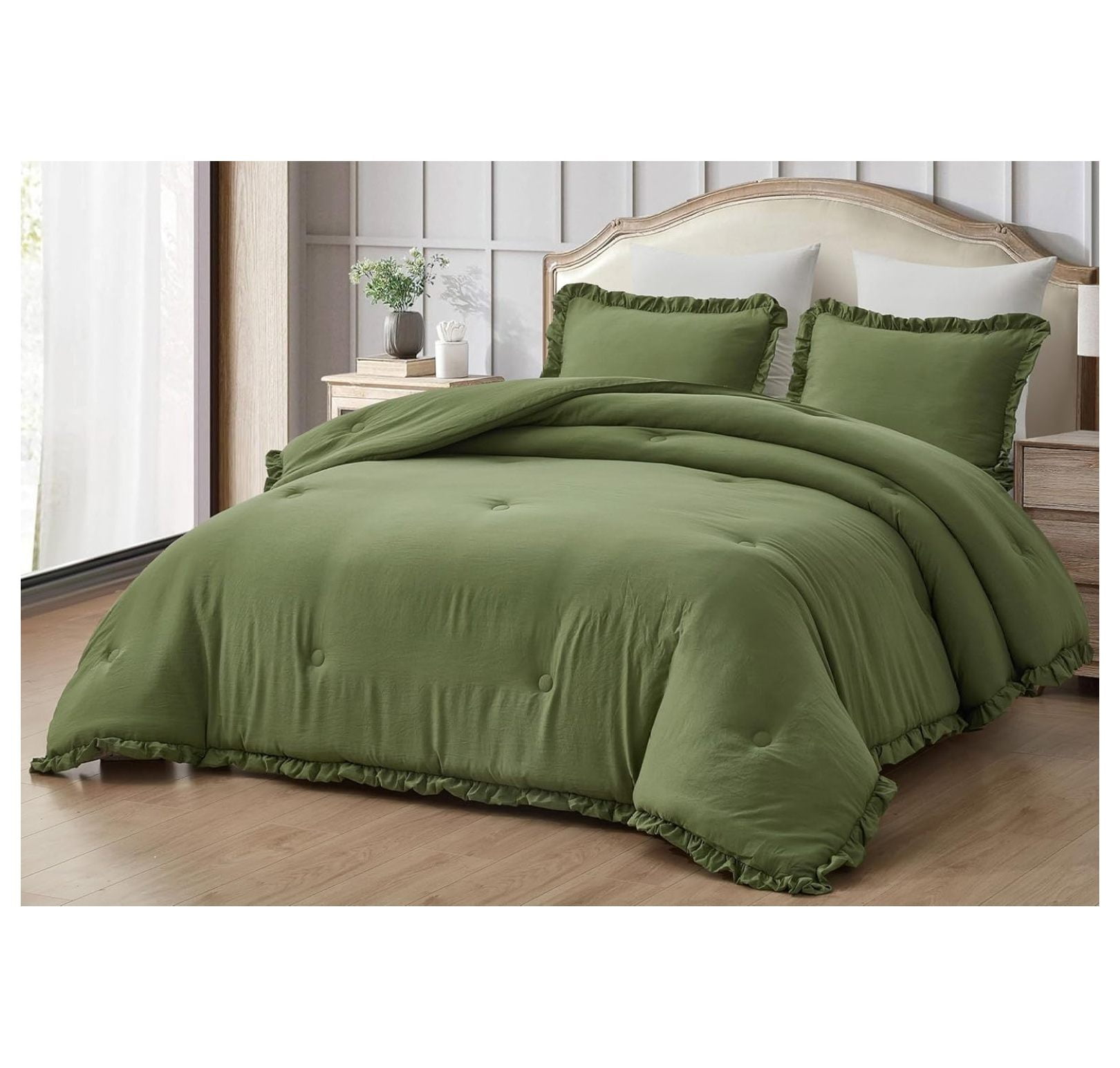 Nora Olive Green Comforter Set Oversized Queen Size 3-Piece Fluffy Soft ...