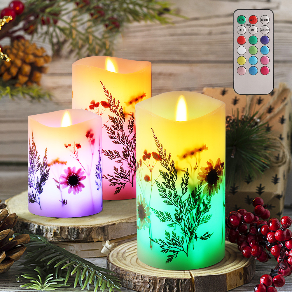 Norbi 3PCS Moving Wick LED Pillar Candles，Hand Made True Wax Dried Flowers Electric Pillar ...