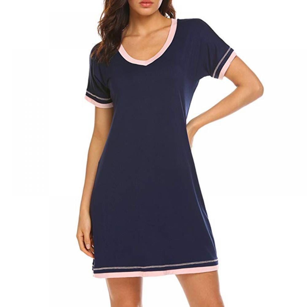 Norbi Nightgowns for Womens Short Sleeve Sleepwear Cotton Round Neck ...