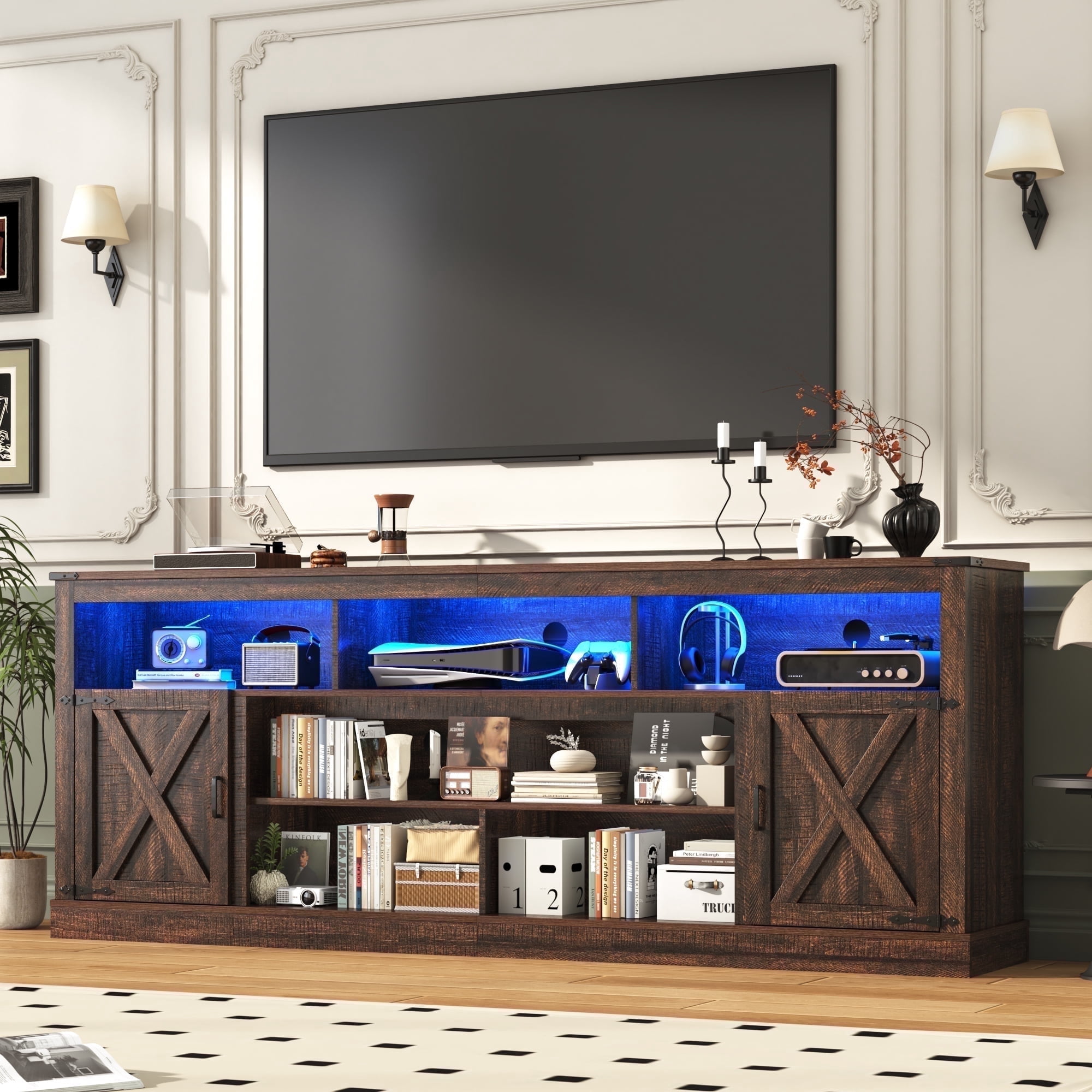 Farmhouse TV Stand for TVs Up to 90” , Rustic 82.7” Entertainment ...