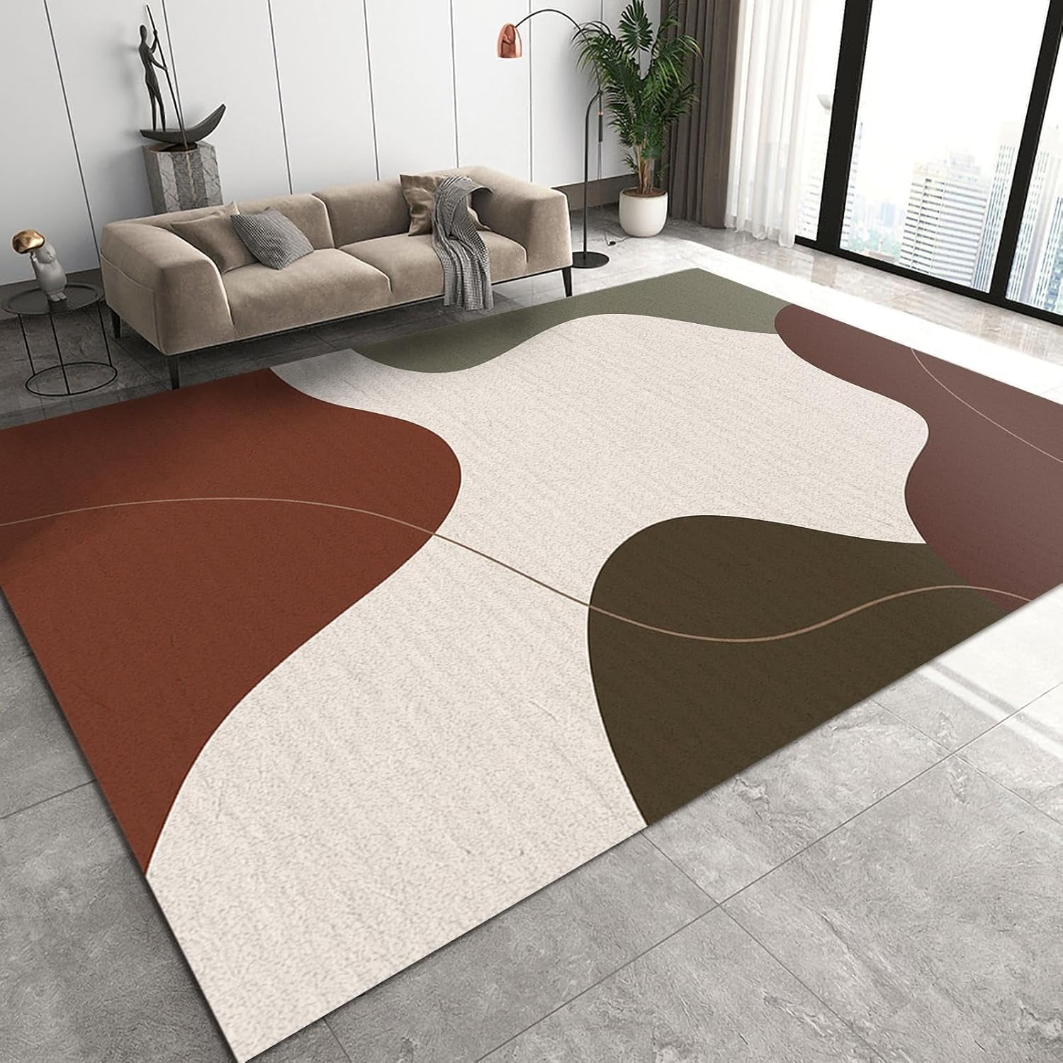 Nordic Abstract Brick Red Dark Green Brown Geometry Carpet, Vintage Mid ...