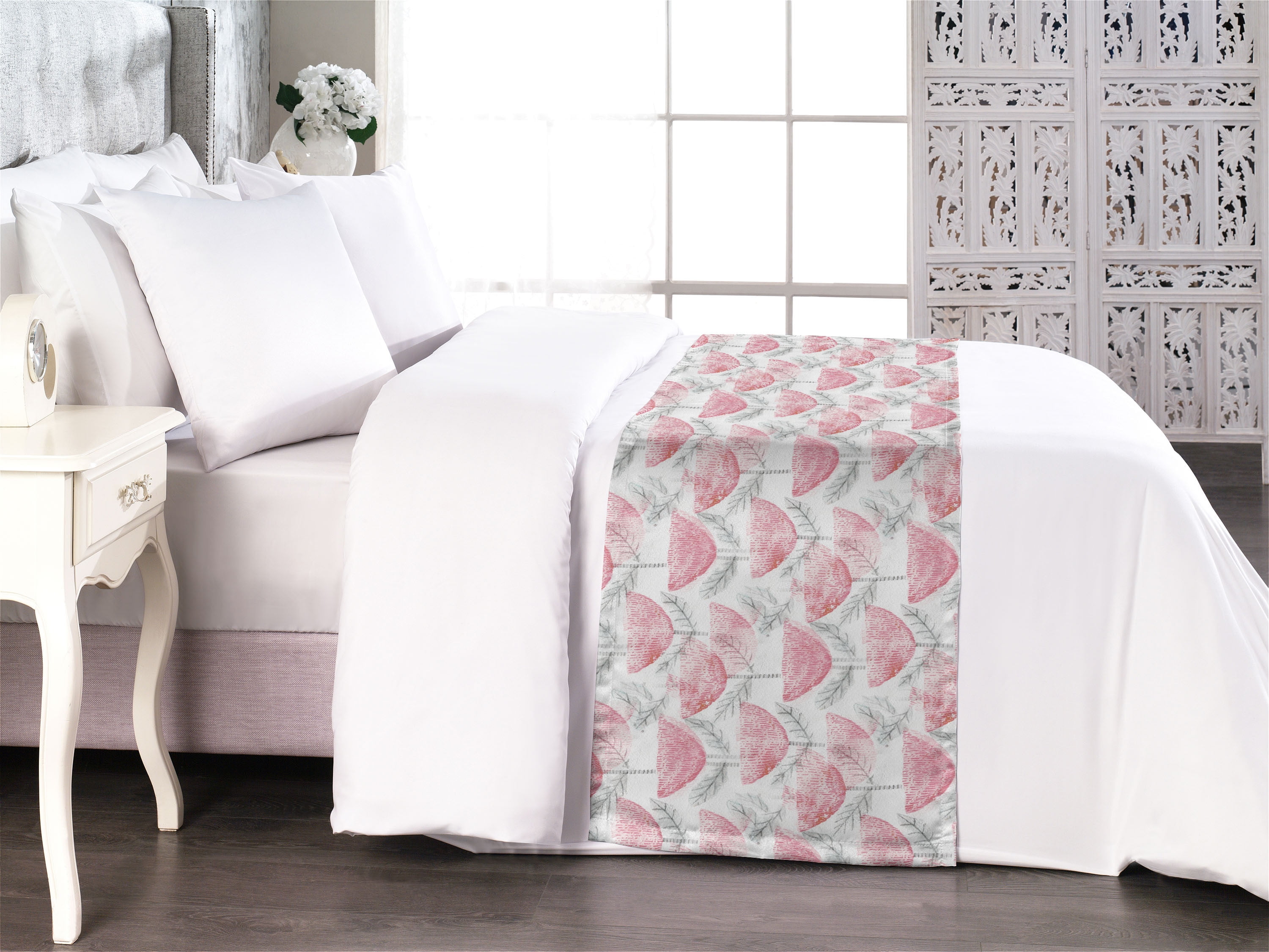 Nordic Bed Runner, Scandinavian Style of Flowers Abstract Design ...