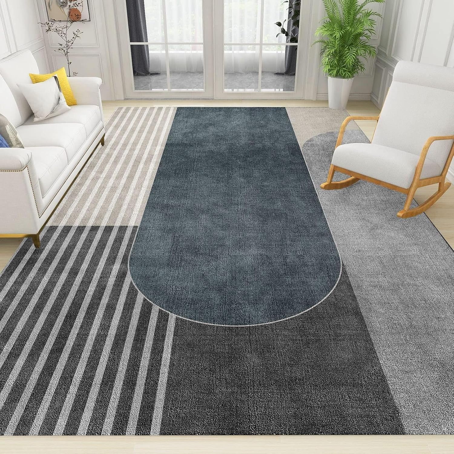 Nordic Blue Geometry Area Rug, Retro Abstract Gray White Lines Bedroom ...