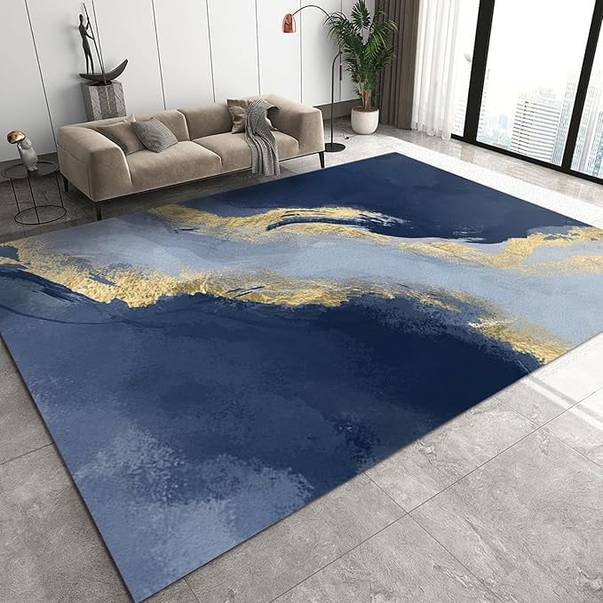 Nordic Blue Gold Gilt Art Area Rug, Modern Floor Decor Rugs, Anti-Slip ...