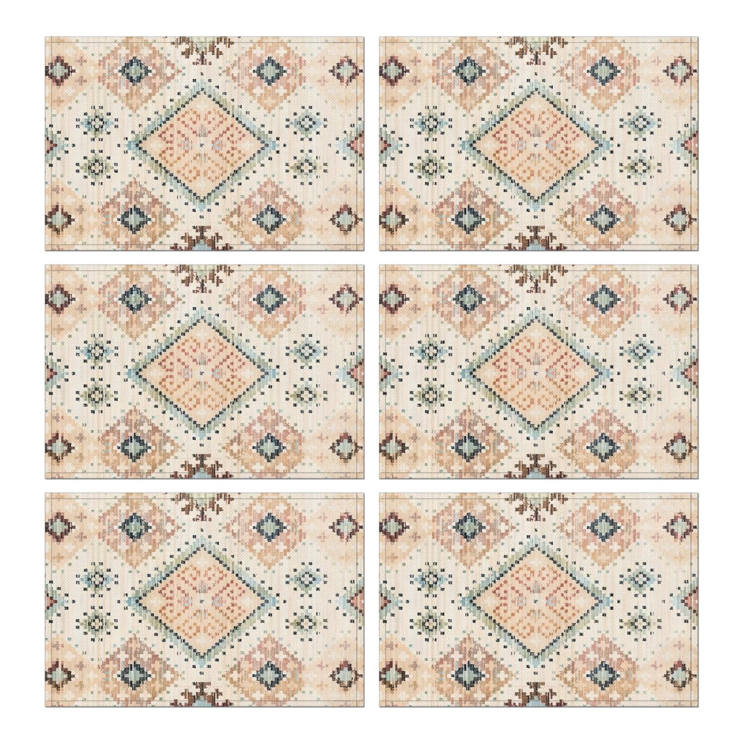 Nordic Boho Tribal Flax Placemats Set of 6, 12x18 Inch Artistic Rustic ...