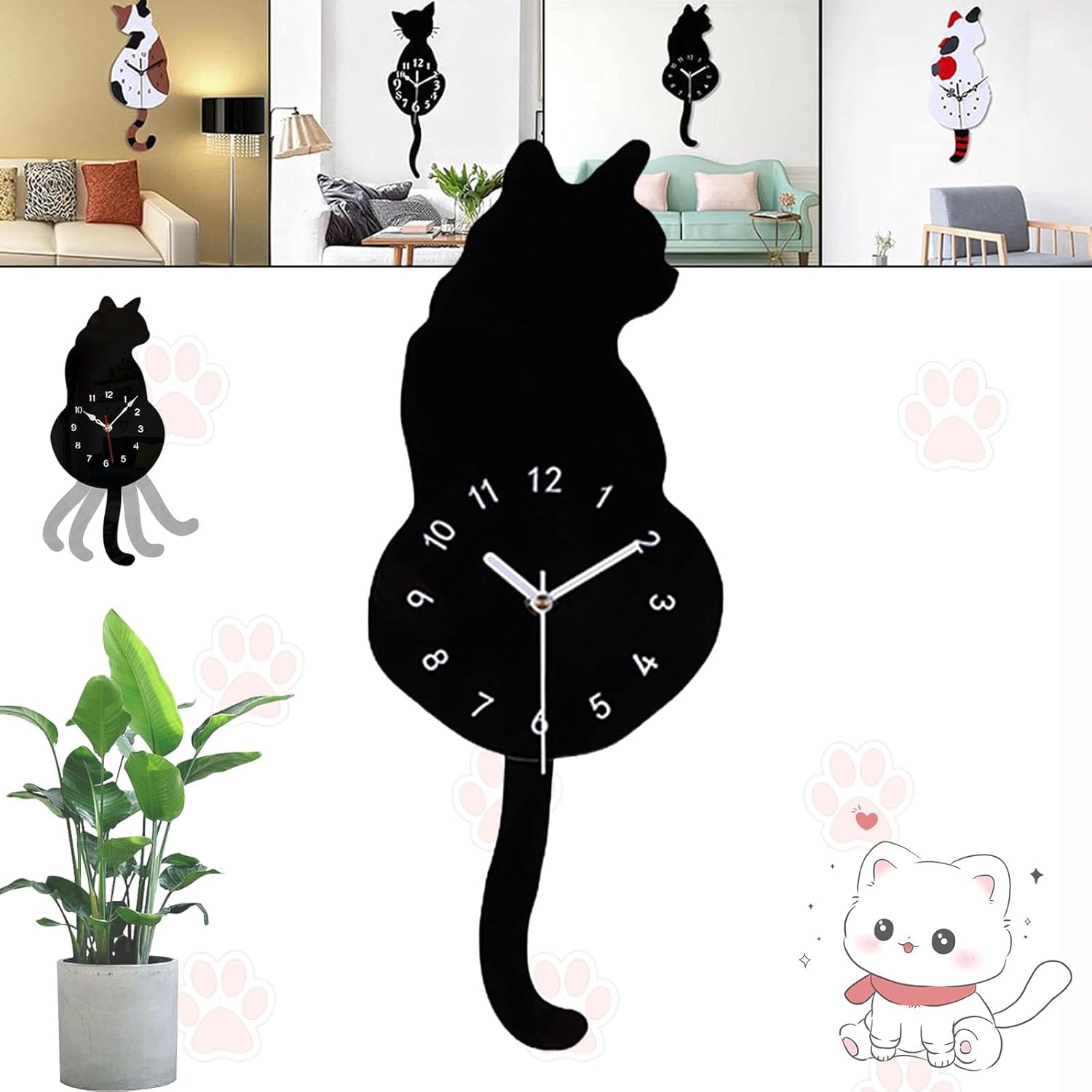 Nordic Cat Wagging Tail Wall Clock, Cat Clocks Wall Swinging Tail ...