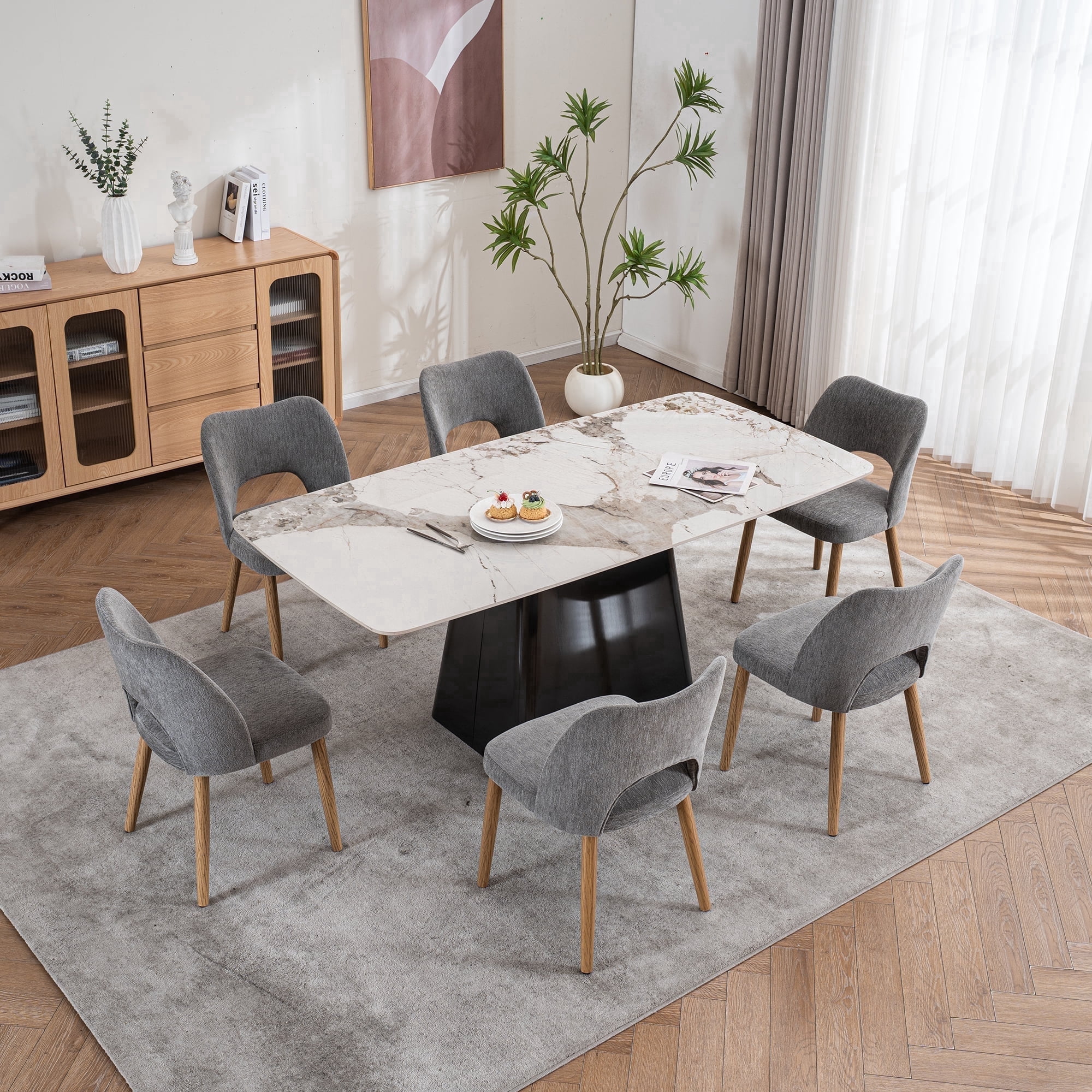 ENYLAY Nordic Upholstered Dining Chairs, Solid Wood Fabric Set of 6 ...