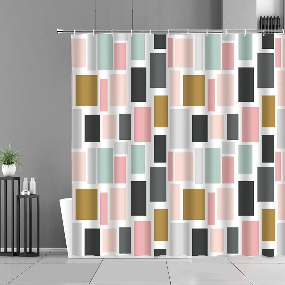 Nordic Geometry Shower Curtains Black And White Blue Wave Stripe Plaid