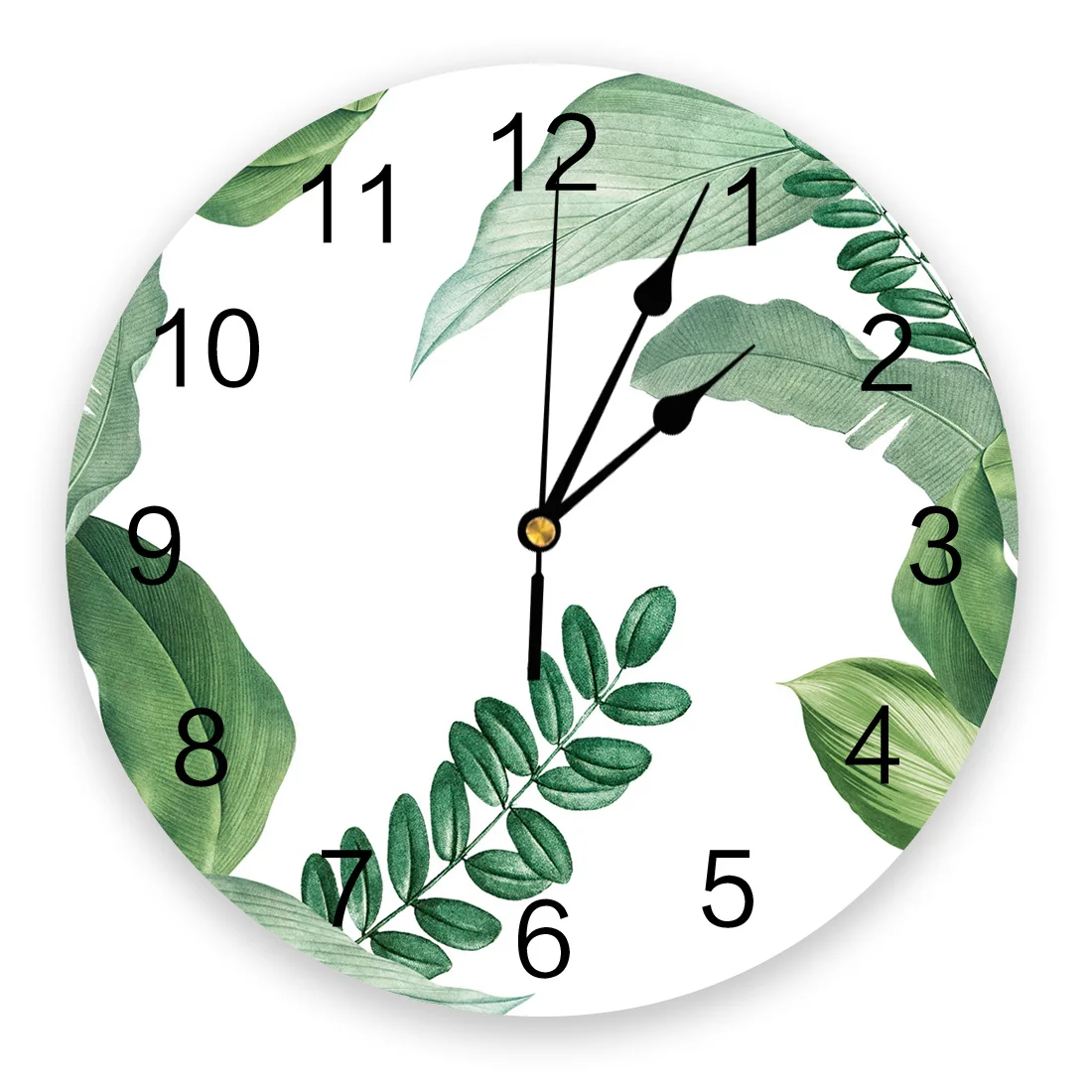 Nordic Green Leaves Tropical Plant White Living Room Clock Wall Round ...