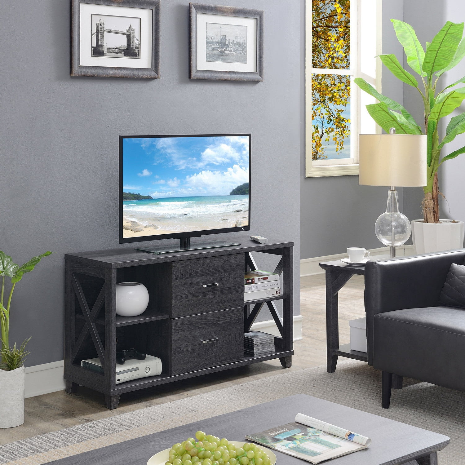 Nordic Haven Deluxe TV Stand with 2 Drawers, Weathered Gray Finish ...