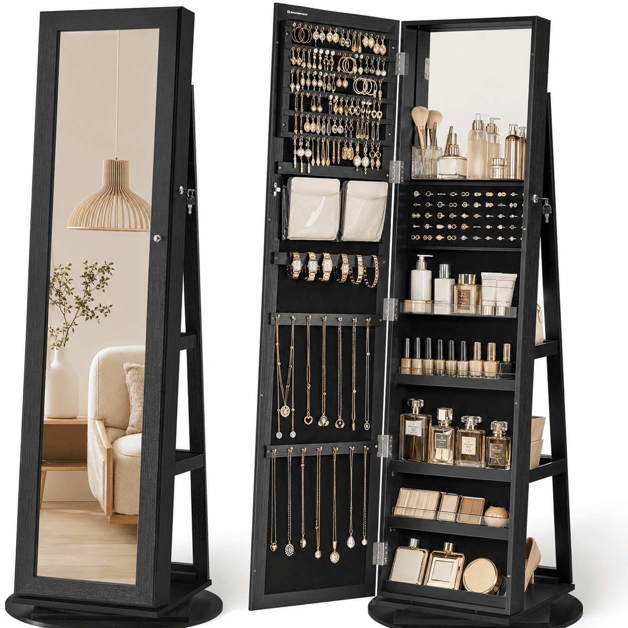 Nordic Hygge 360° Swivel Lockable Jewelry Cabinet with Full-Length ...