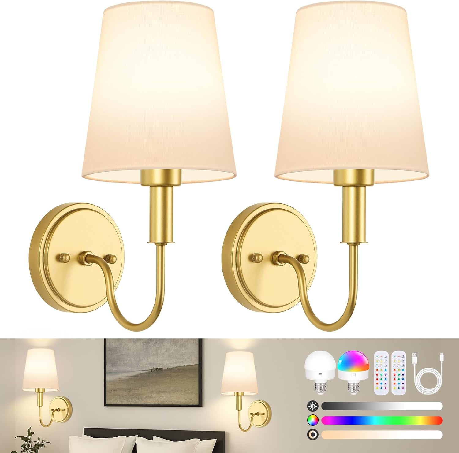 Nordic Hygge Wireless Rechargeable Wall Sconce, Gold, 2 Pack - Walmart.com