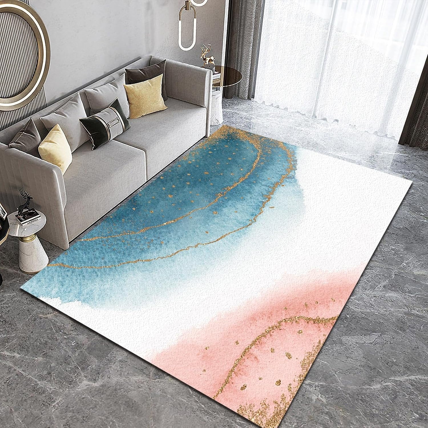 Nordic Light Luxury Golden Lines Art Area Rug, Minimalist Pink Bule ...