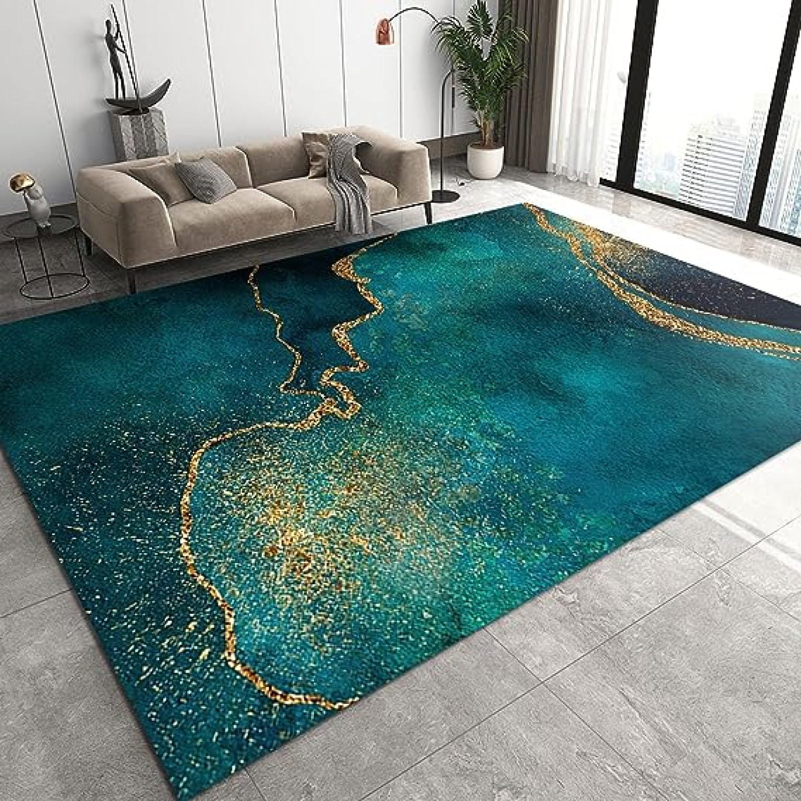Nordic Light Luxury Living Room Rug, Blue Golden Marble Area Rug ...