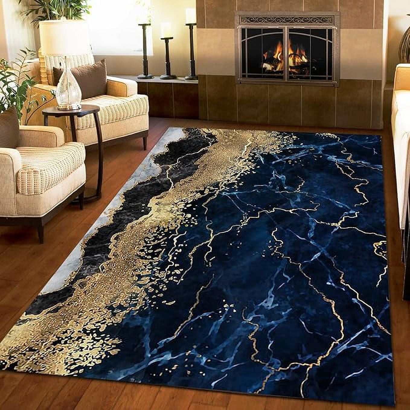 Nordic Luxury Area Rugs, Abstract Black Blue Gold Marble Texture Rugs ...