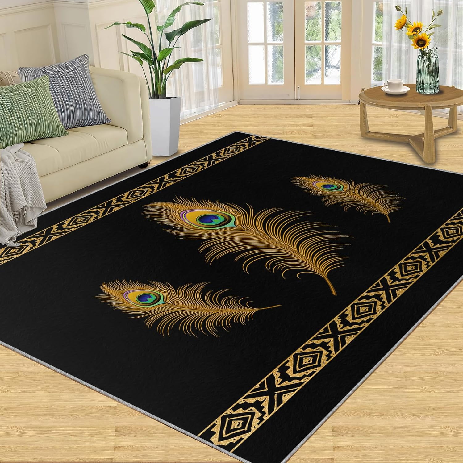 Nordic Luxury Black Gold Area Rug, Beautiful Peacock Feather Rugs for ...