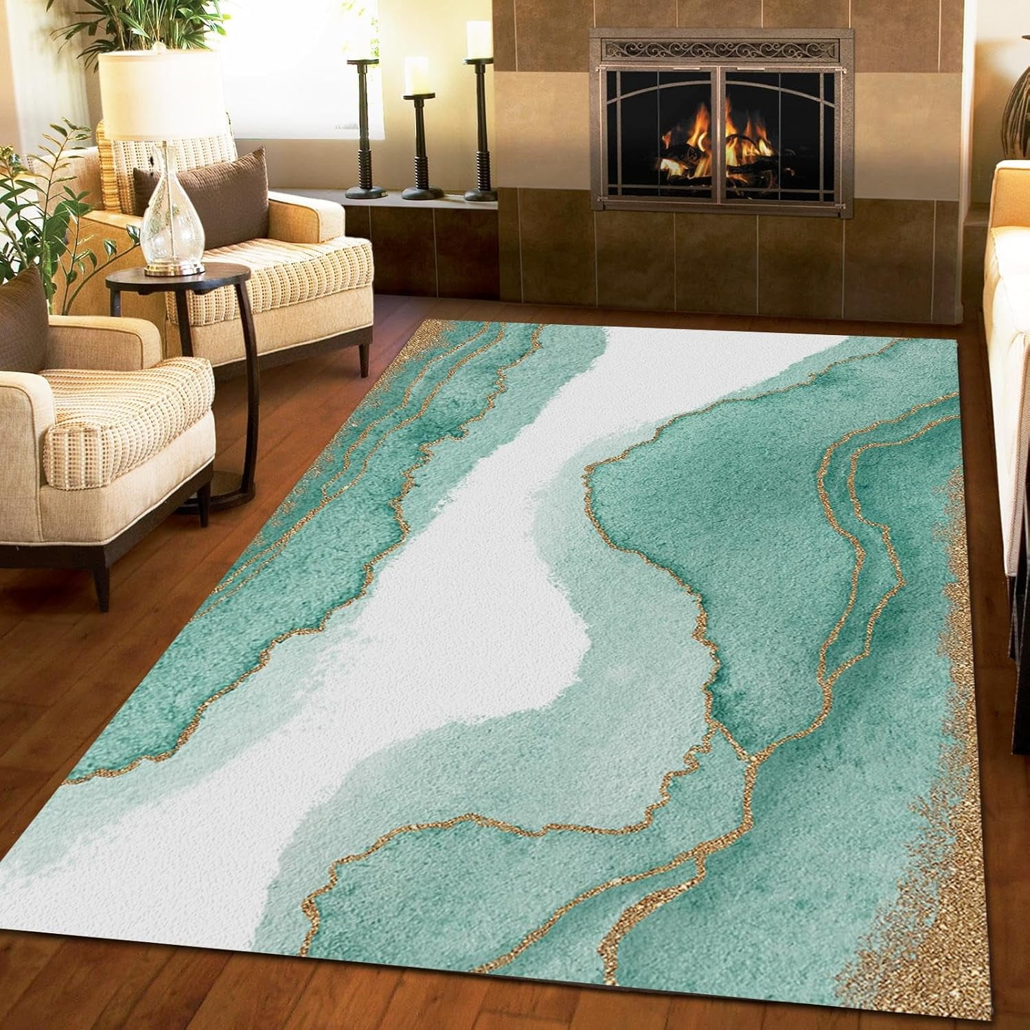 Nordic Luxury Golden Irregular Lines Art Area Rug, Minimalist Lright ...