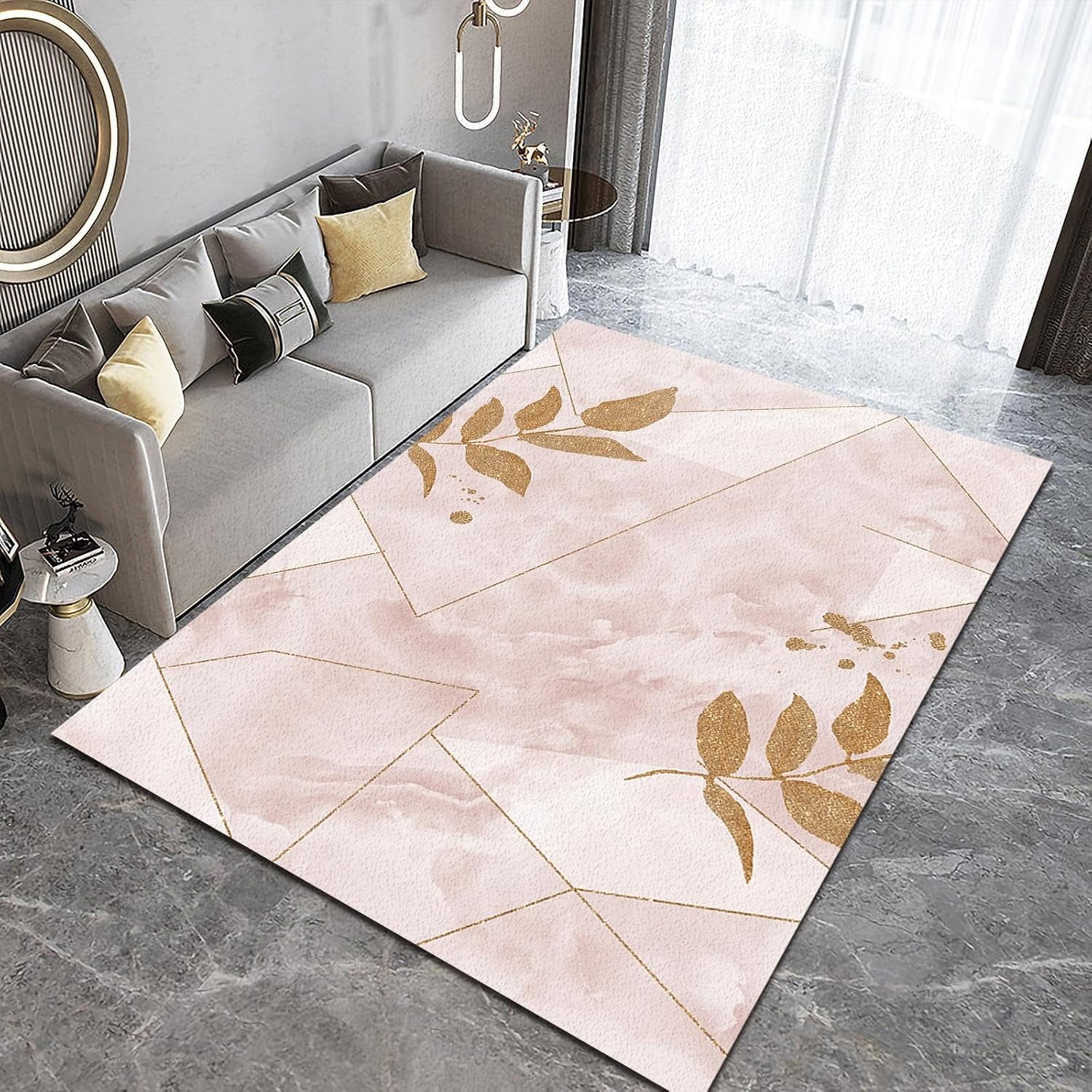 Nordic Luxury Golden Palm Leaves Geometry Area Rug, Minimalist Pink ...