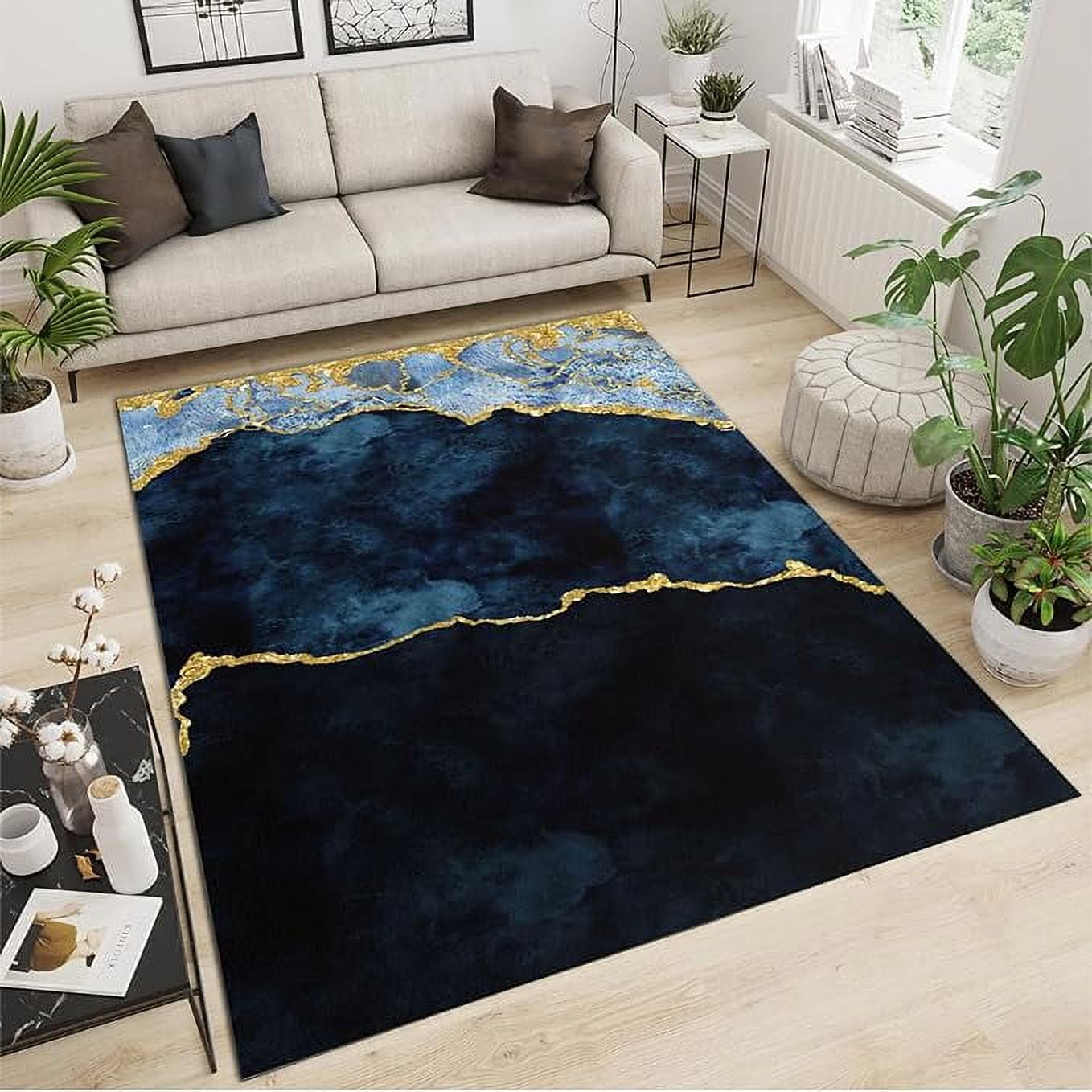 Nordic Luxury Kids Rugs, Blue Gold Marble Floor Area Rug, Foldable Anti ...