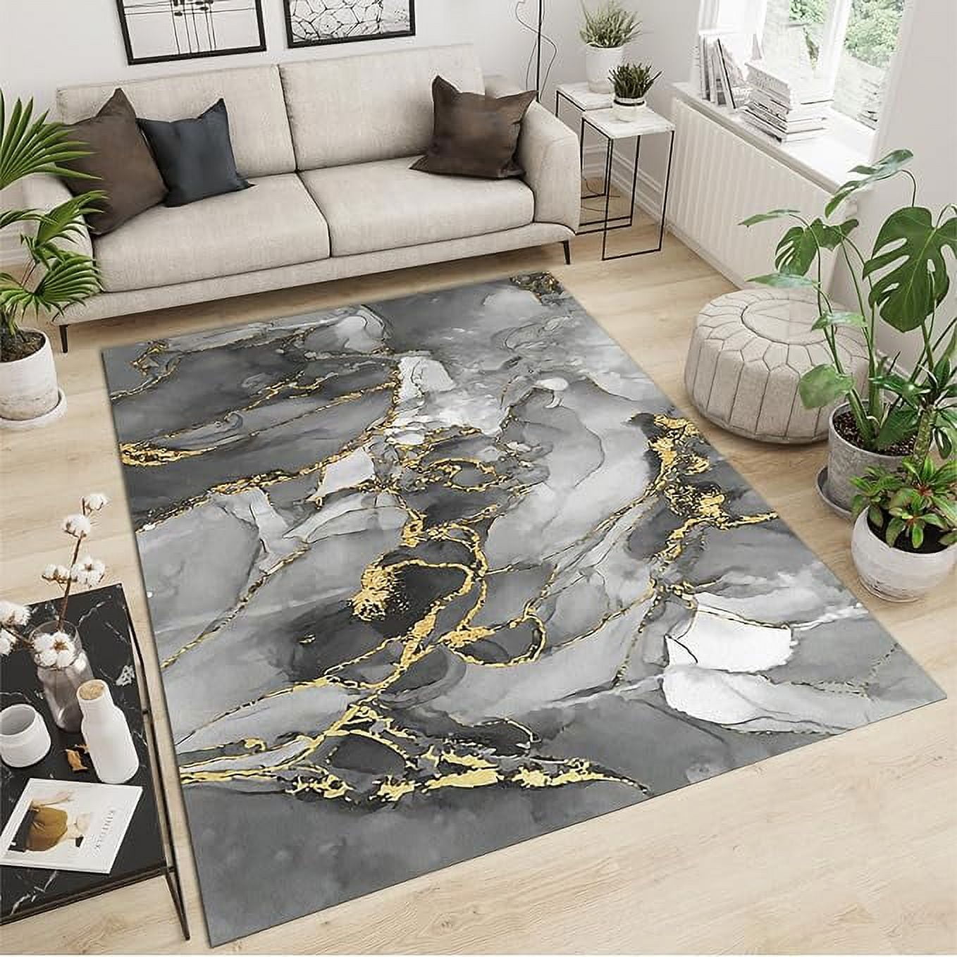 Nordic Luxury Washable Rug, Black And Grey Gilded Marble Ripples Area Rugs, Non Slip Dirty ...