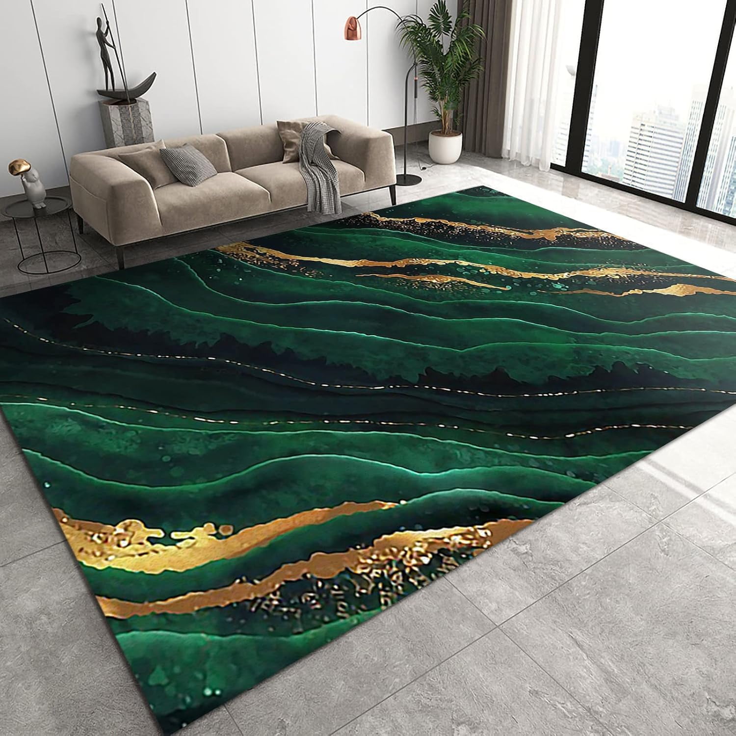 Nordic Modern Jade Green Marble Area Rug Luxury Green Wave Gold Texture ...