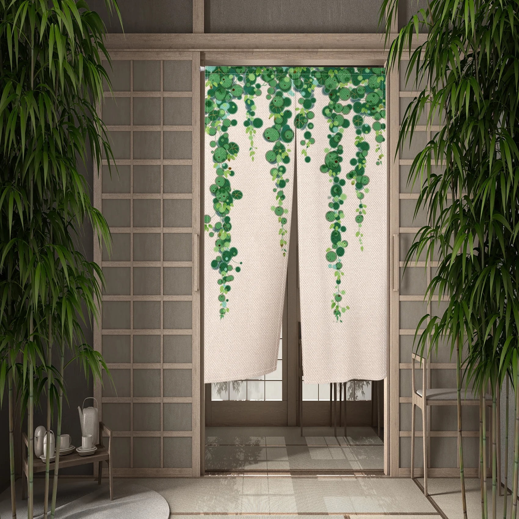 Nordic Natural Plant Leaves Japanese Door Curtain Linen Fabric Kitchen ...