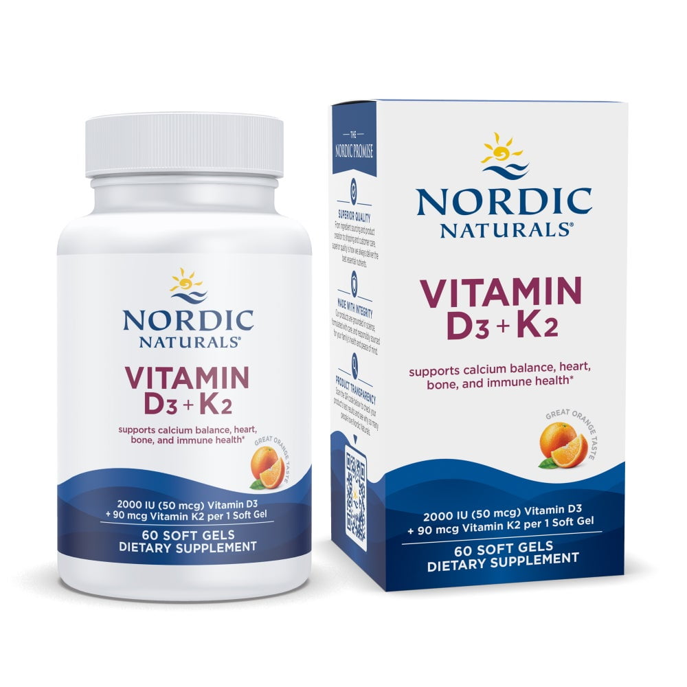 Nordic Naturals Vitamin D3 K2 Soft Gels Orange 50 mcg 90 mcg Supports Bone Heart Immune ...