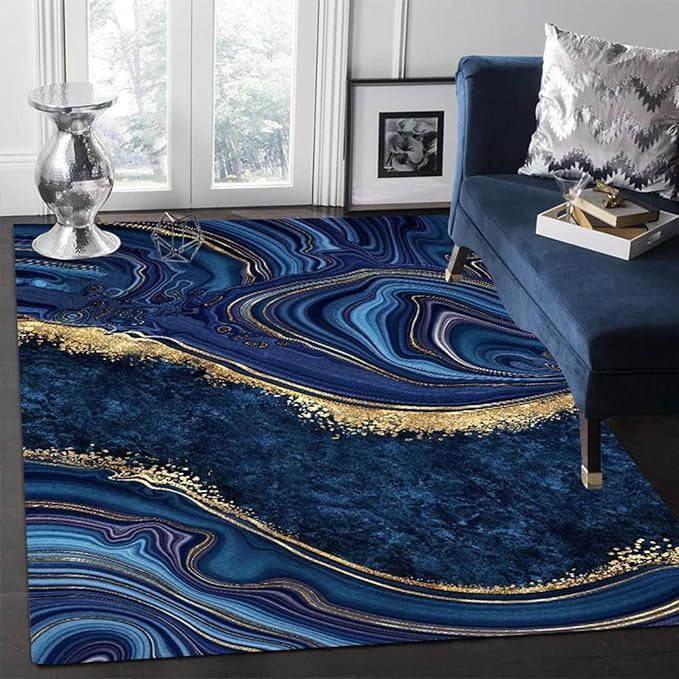 Nordic Navy Blue Gold Marble Area Rugs, Abstract Liquid Swirl Home ...