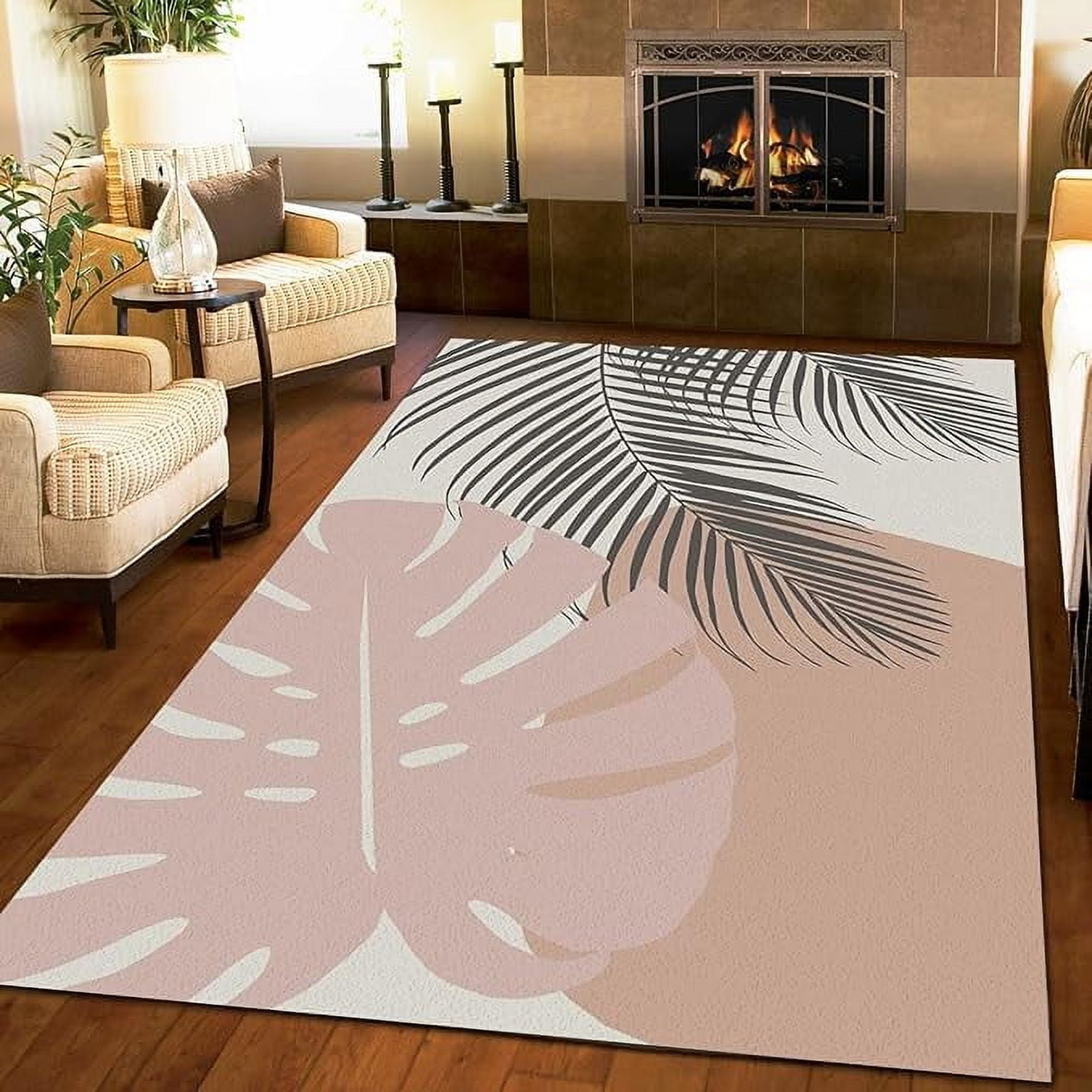 Nordic Pink Gray Palm Banana Leaves Kids Area Rug, Modern Home Decor ...
