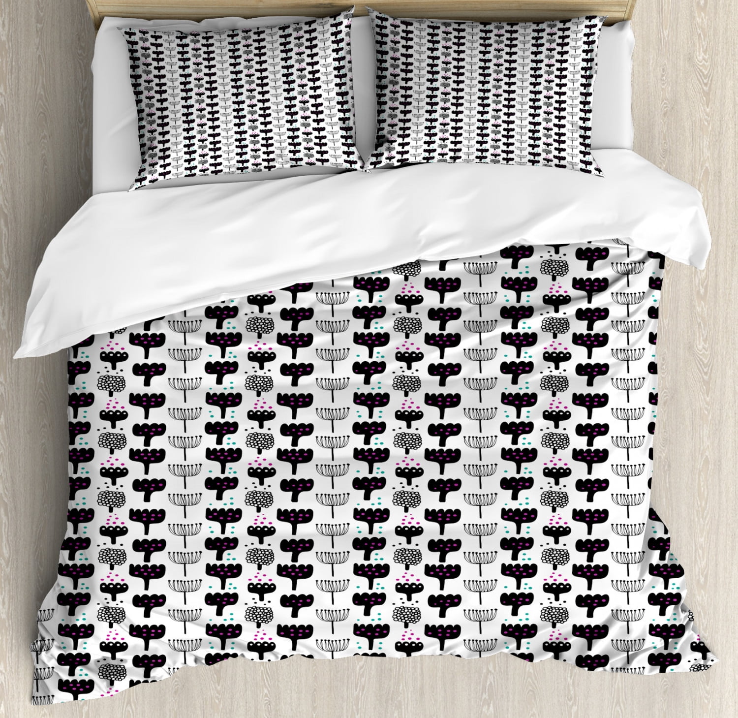 Nordic Queen Size Duvet Cover Set, Pattern with Abstract Flowers in ...