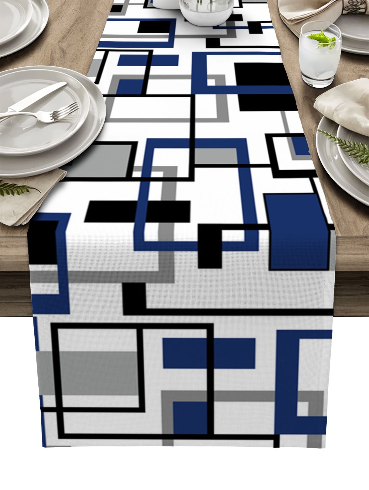 Nordic Retro Geometric Abstract Blue Table Runner ration Home r Dinner ...