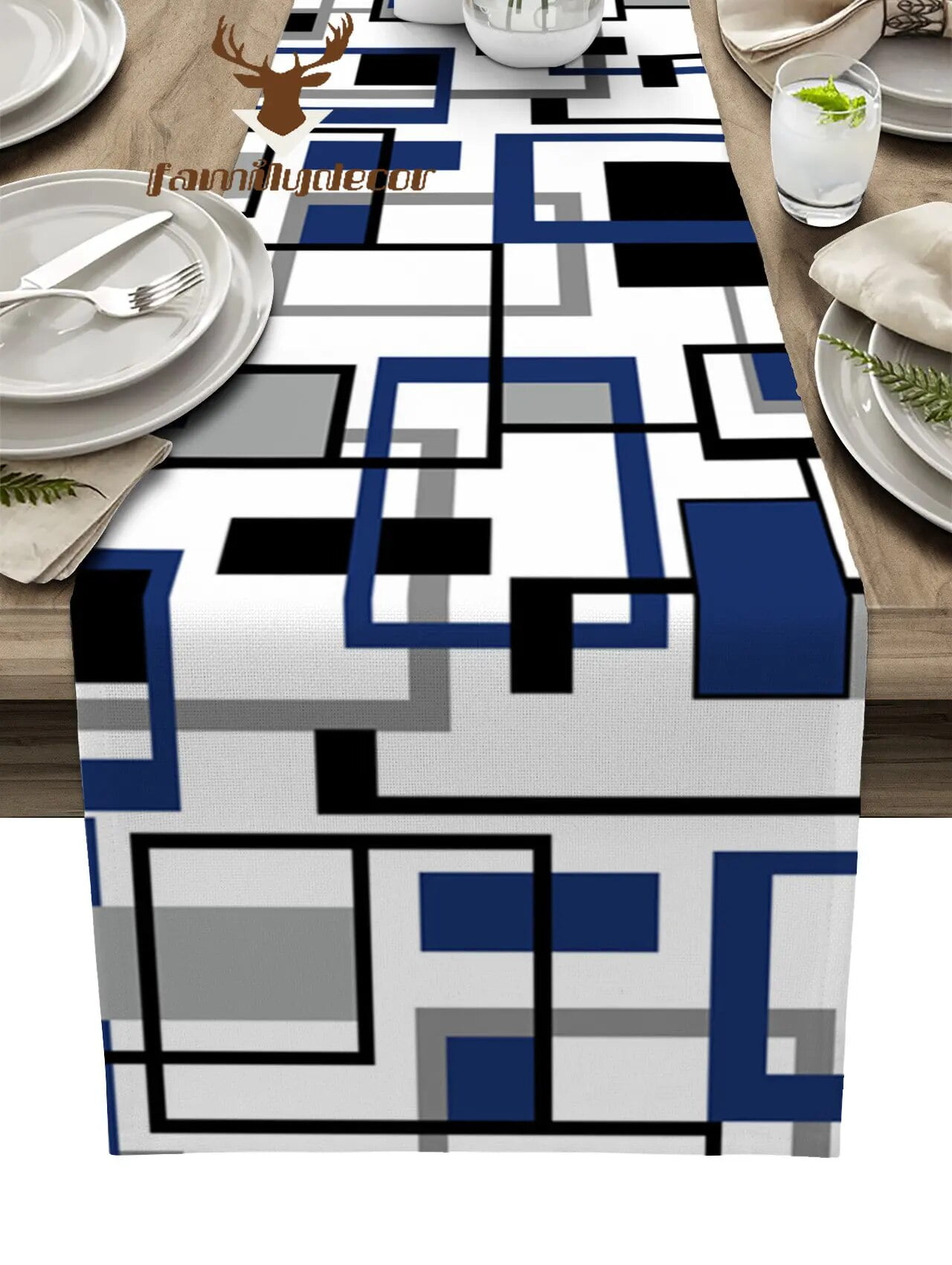 Nordic Retro Medieval Geometric Abstract Blue Table Runner Home Wedding ...