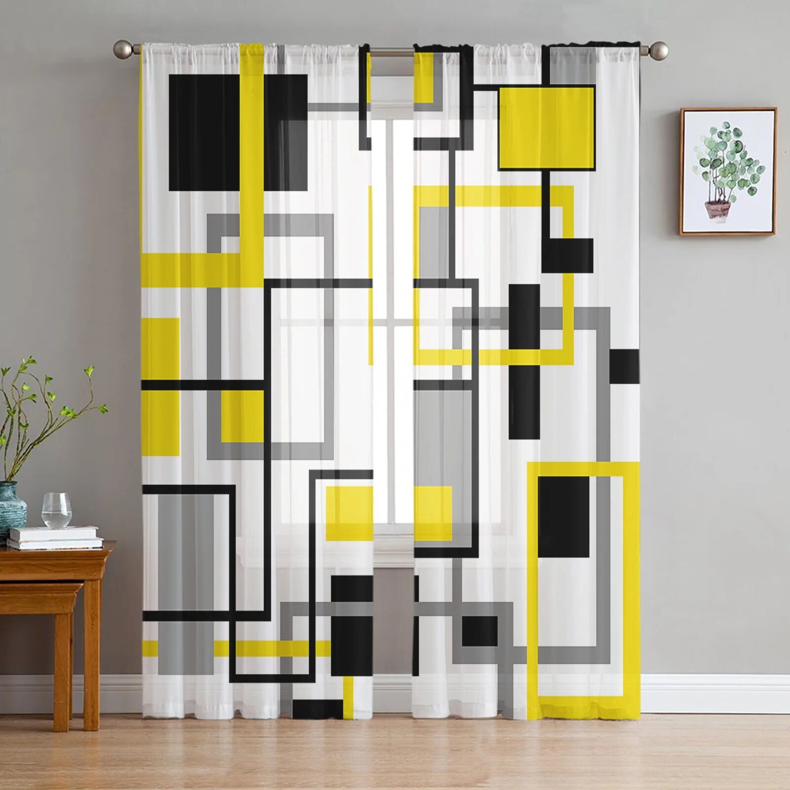 Nordic Retro Medieval Geometric Abstract Yellow Tulle Curtains Living ...