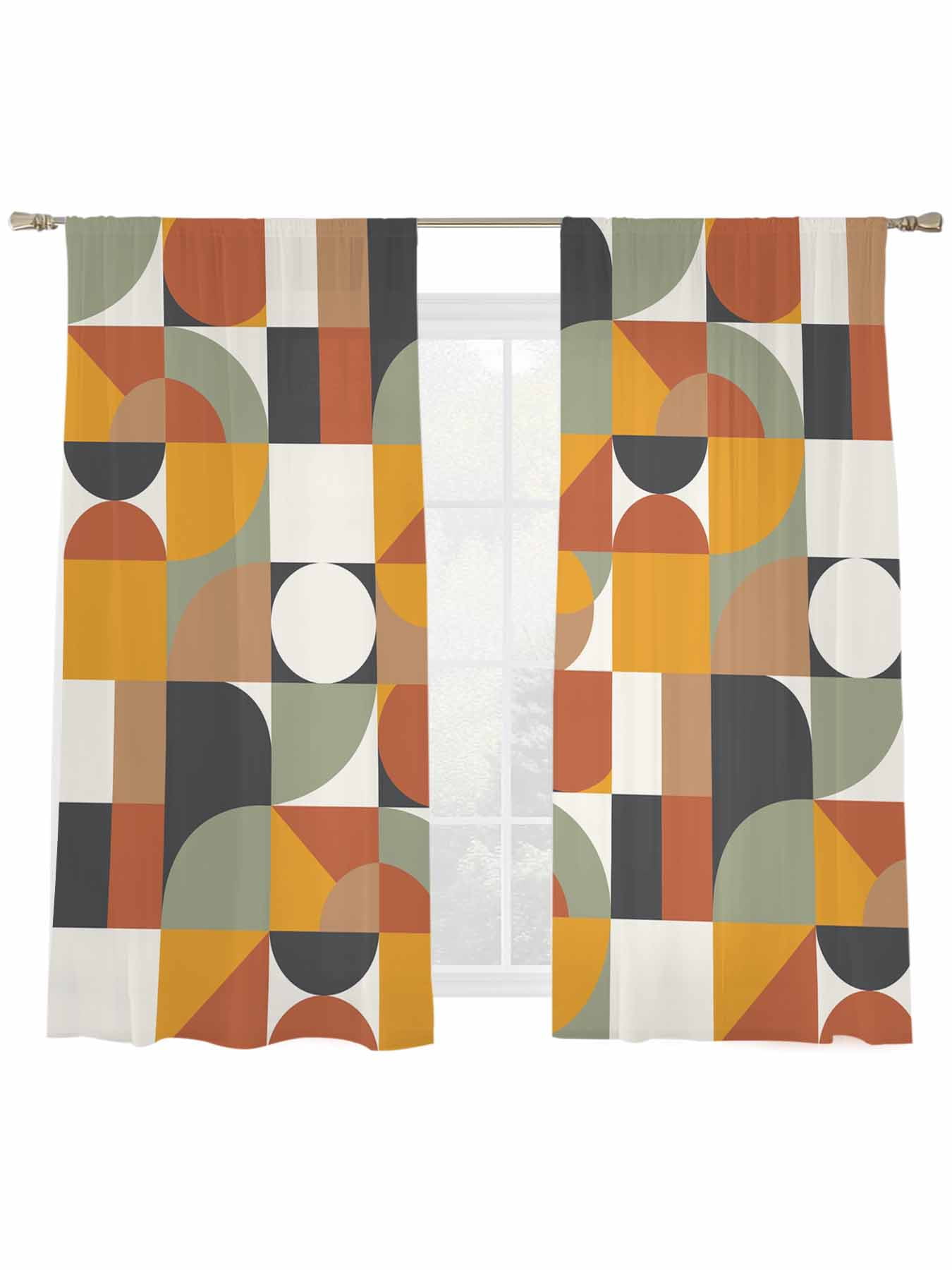 Nordic Retro Sheer Curtains 63 Inches Long 2 Panels Orange Black White ...